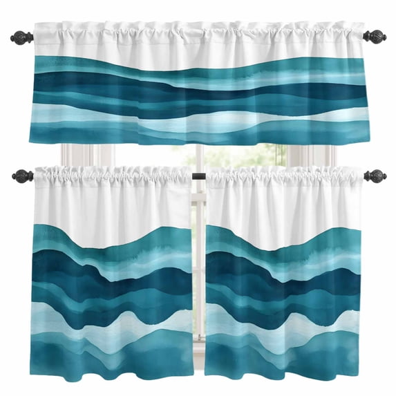 3 Piece Teal Blue Kitchen Curtain Valance and Tiers Set Water Ripple ...