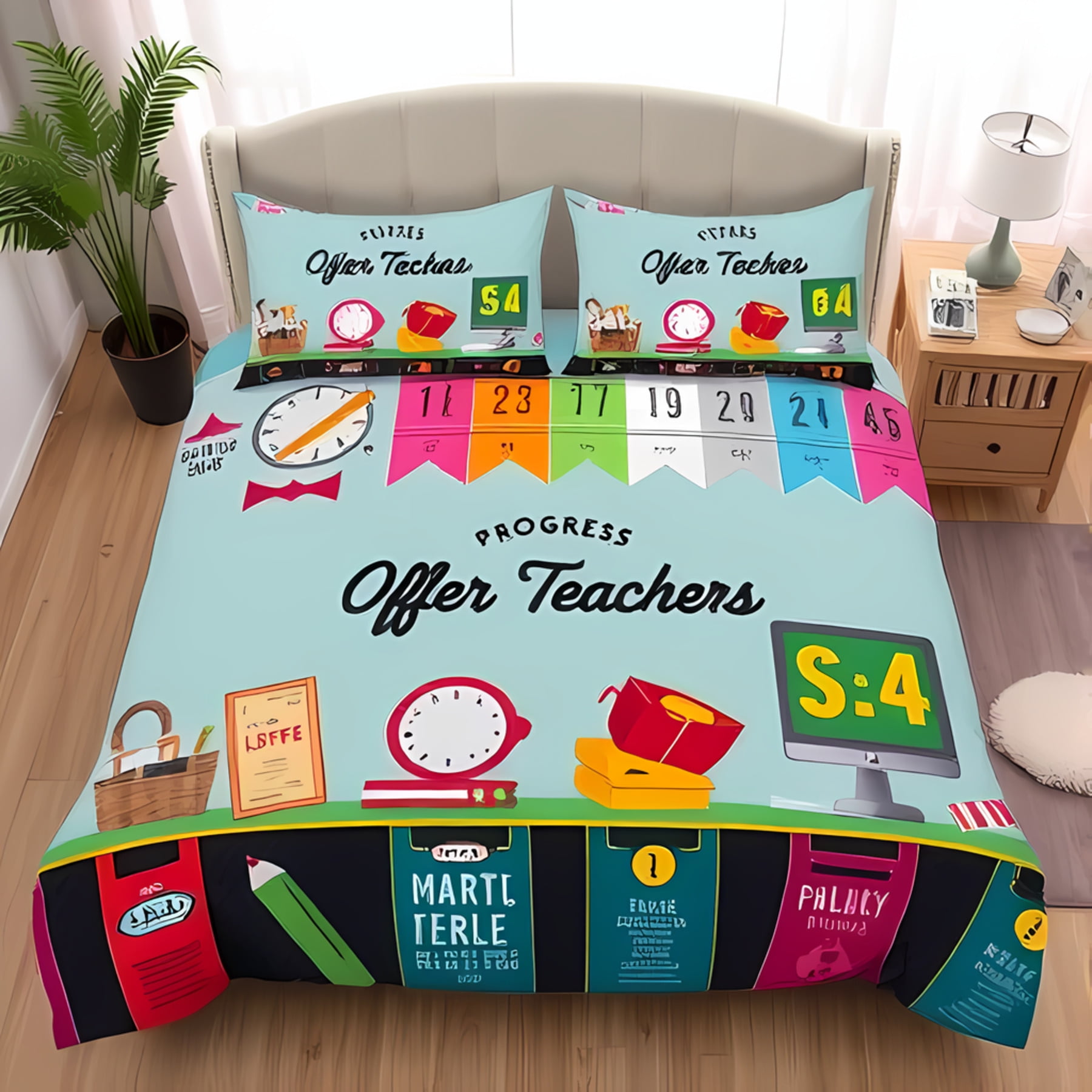 3-Piece Teal Classroom Themed Duvet Cover Set with Progress Chart ...