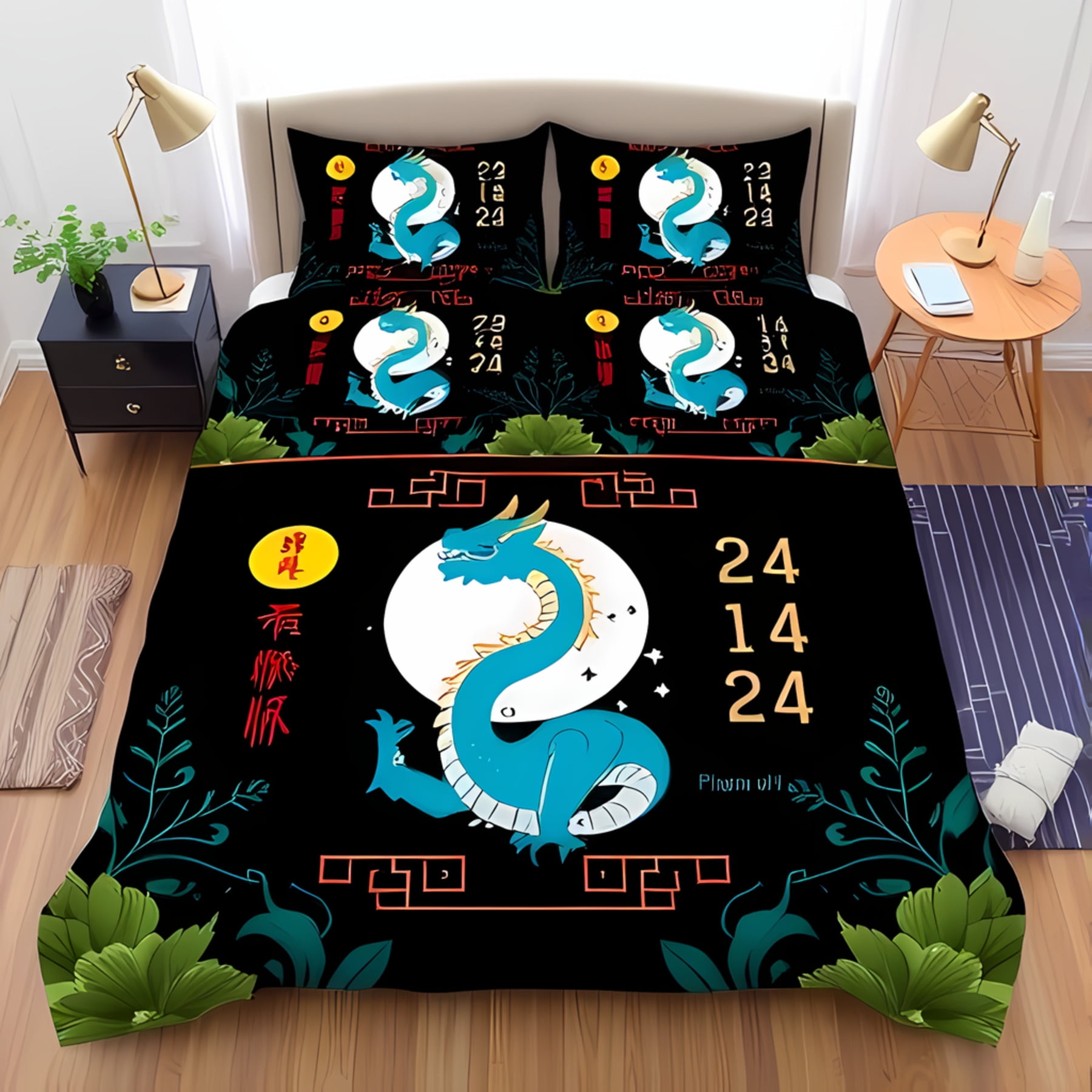 3-Piece Teal Dragon Duvet Cover Set - Elegant Moon Design with Chinese ...