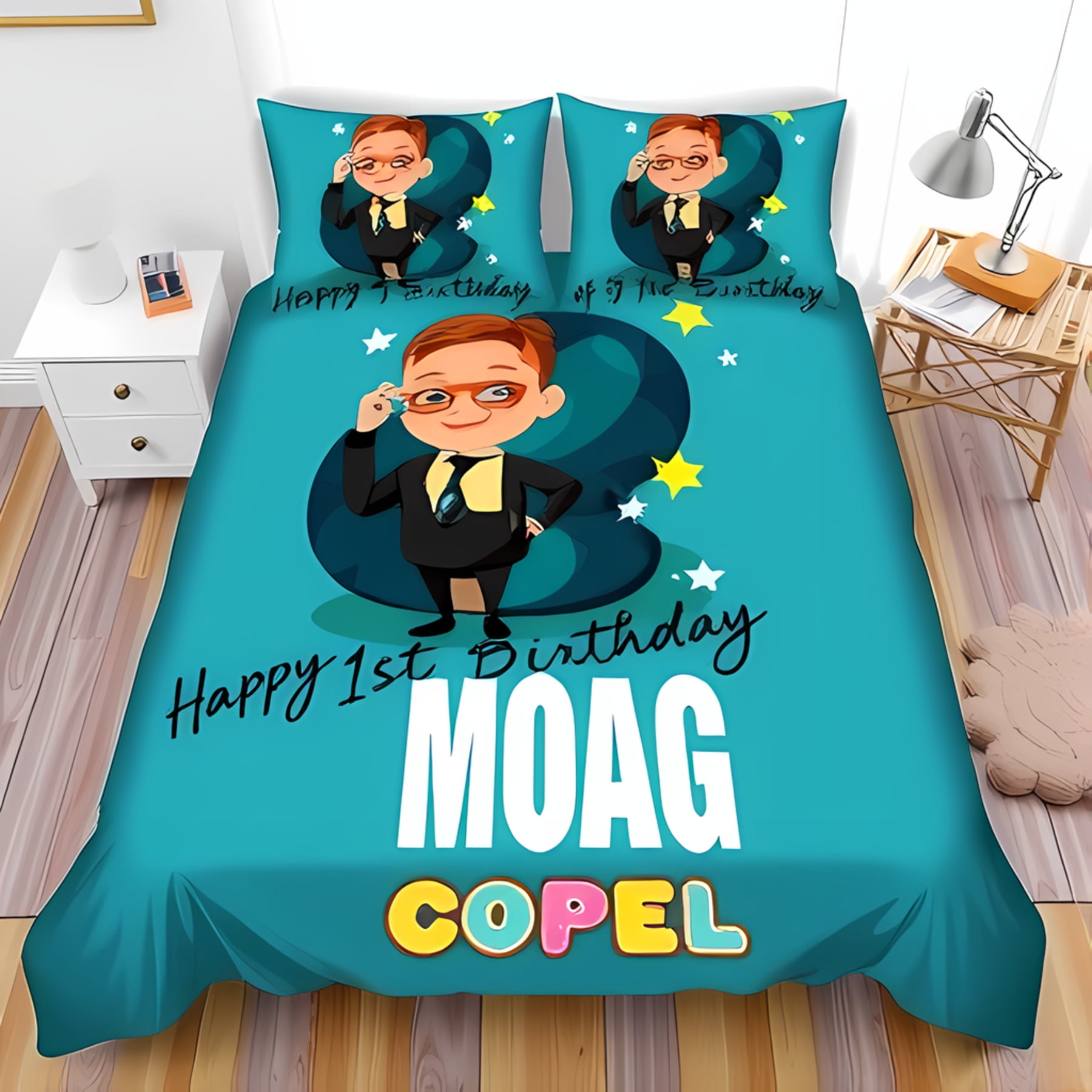 3-Piece Teal Duvet Cover Set Featuring Cartoon Character in Suit ...