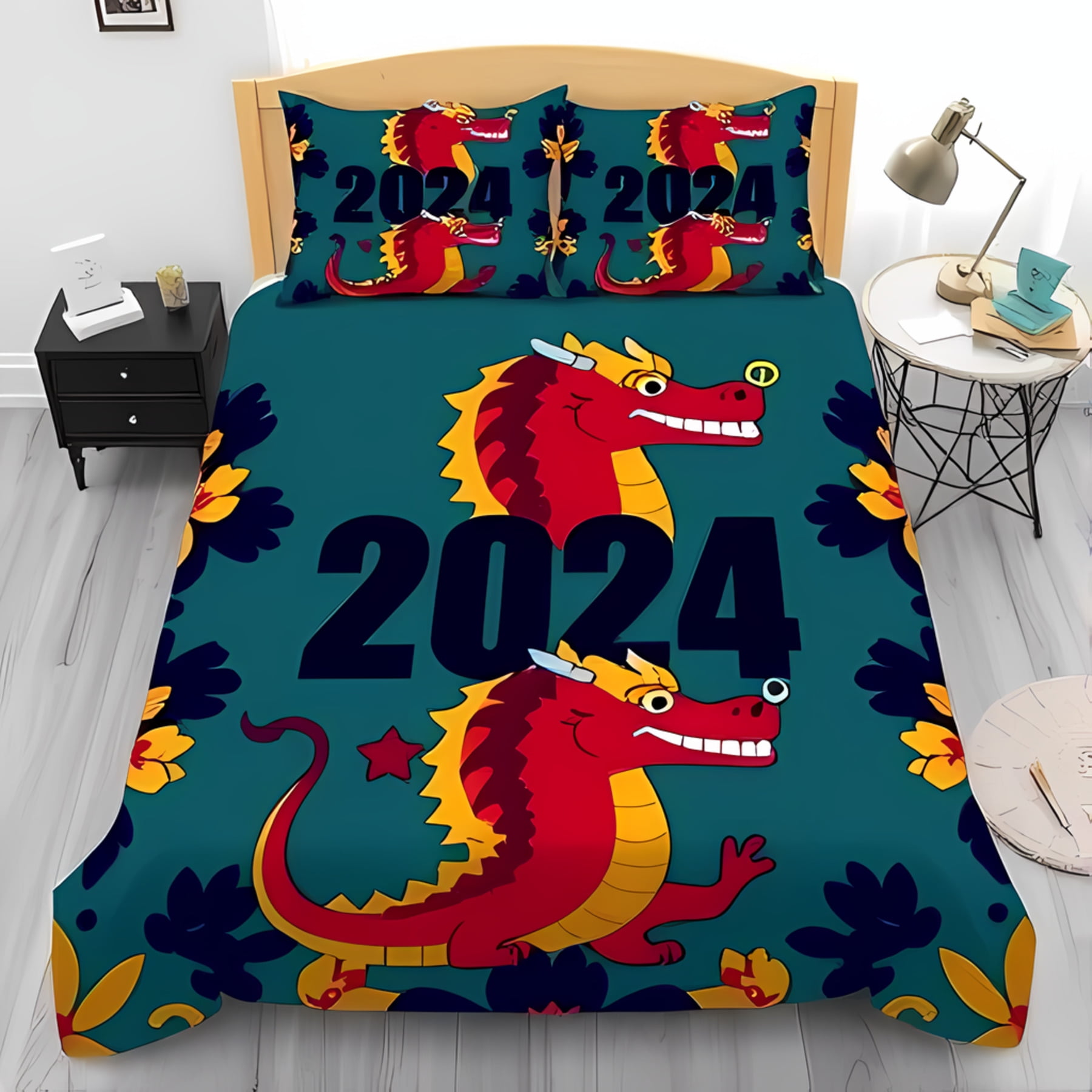 3-Piece Teal Duvet Cover Set with Cartoon Red Dragons & 2024 in Bold ...