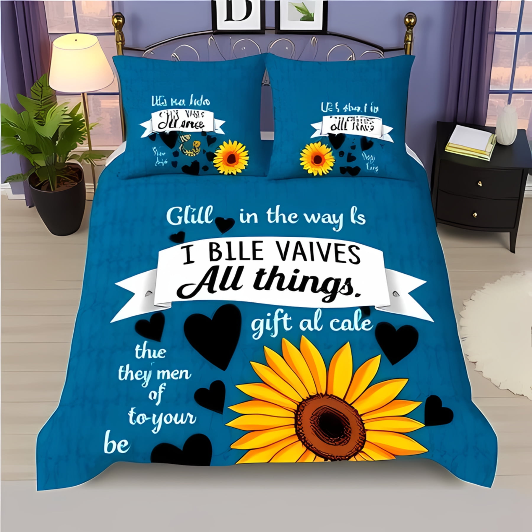 3-Piece Teal Duvet Cover Set with Large Sunflower Black Hearts ...