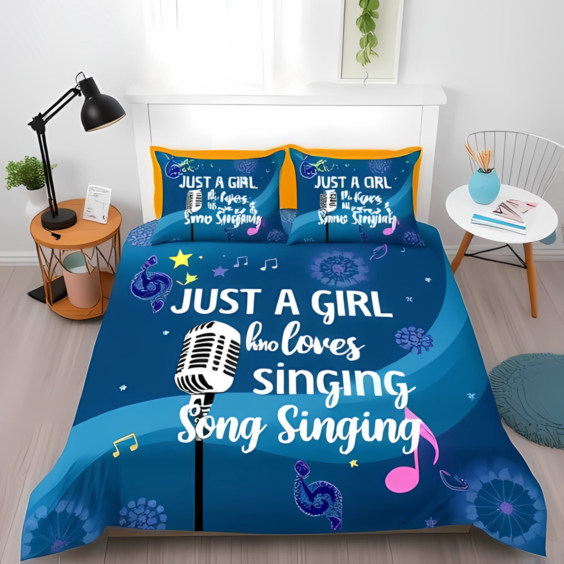 3-Piece Teal Duvet Cover Set with Musical Notes & Flowers Retro Design ...