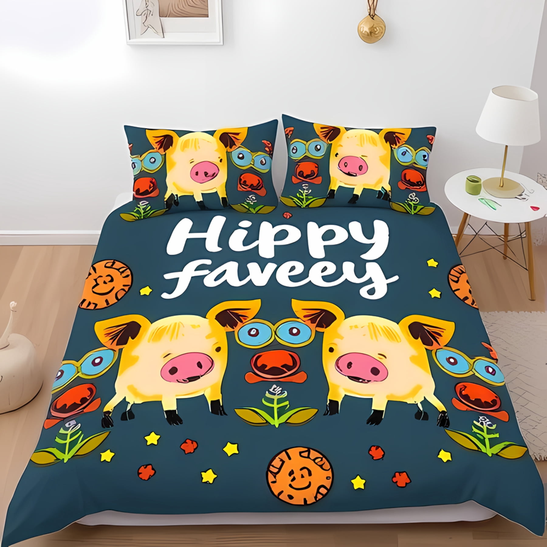 3-Piece Teal Duvet Cover Set with Whimsical Cartoon Pigs Glasses ...