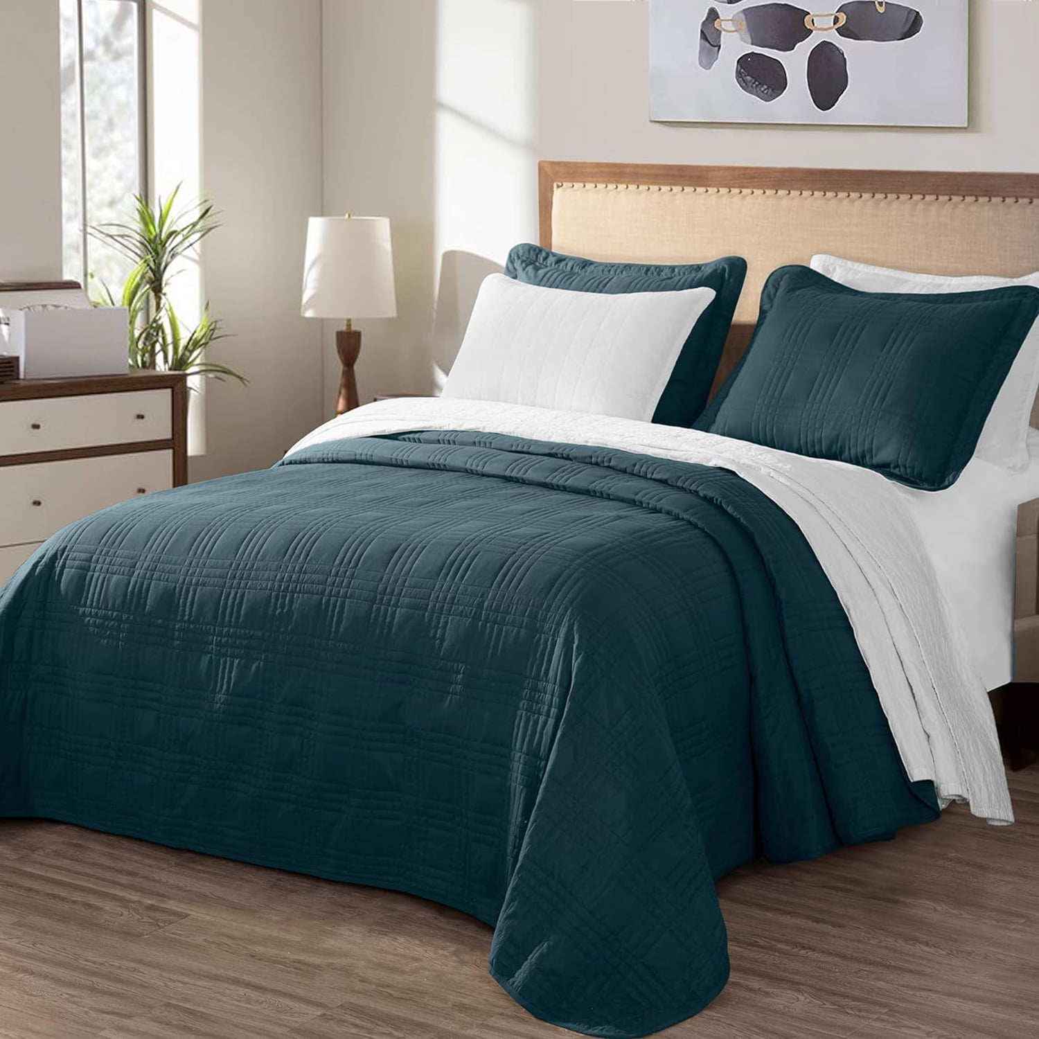 3-Piece Teal King Size Quilt Set, Soft and Comfortable All Season Bed ...