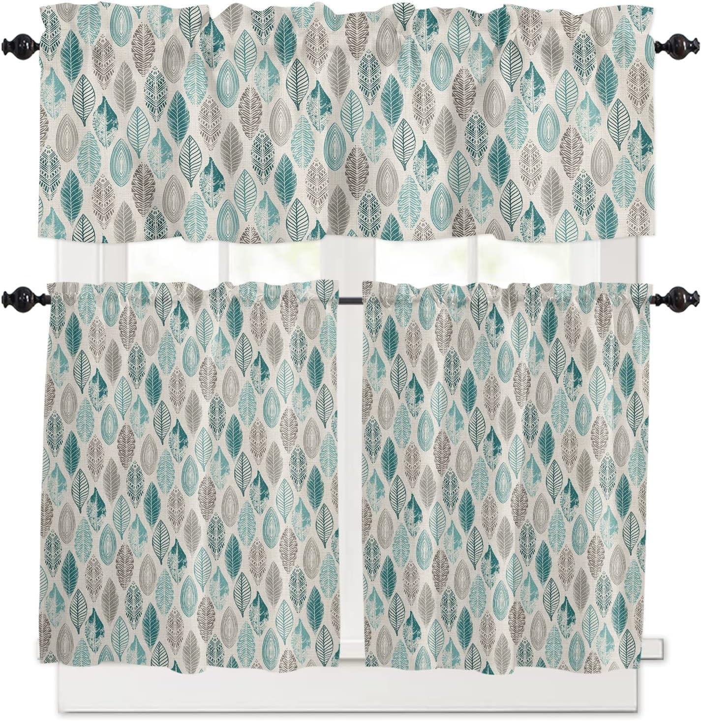3 Piece Teal Leaf Kitchen Curtains, Tier and Valance Rod Pocket Window ...