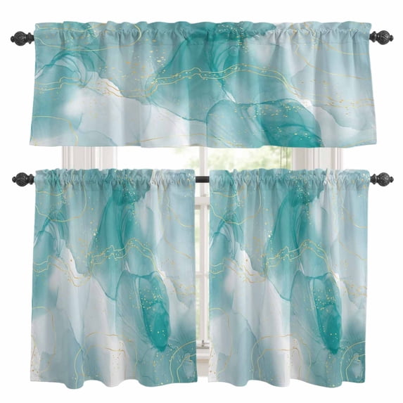3 Piece Teal Marble Kitchen Curtain Valance and Tiers Set Golden Lines ...
