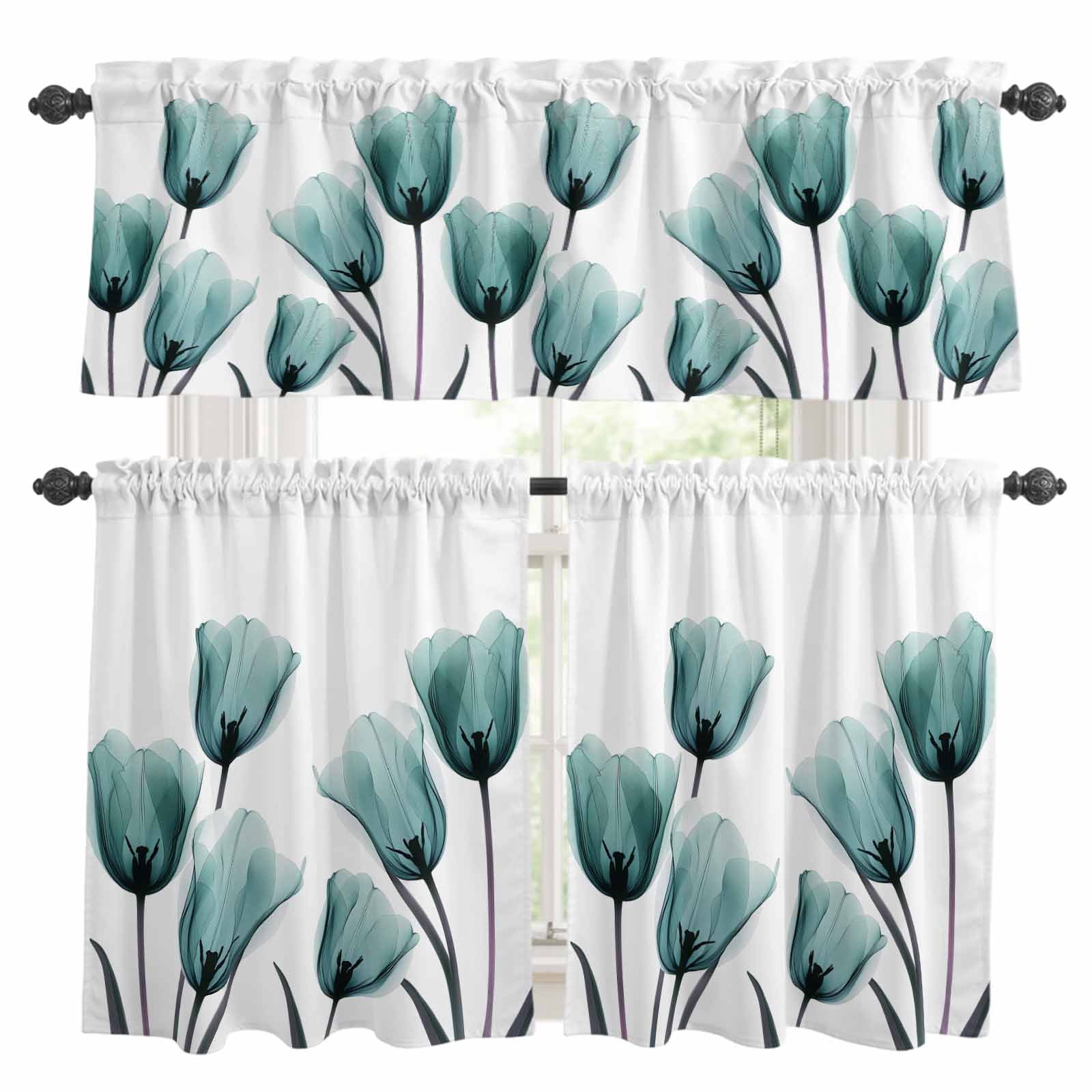 3 Piece Teal Tulip Kitchen Curtain Valance and Tiers Set X-ray Flower ...