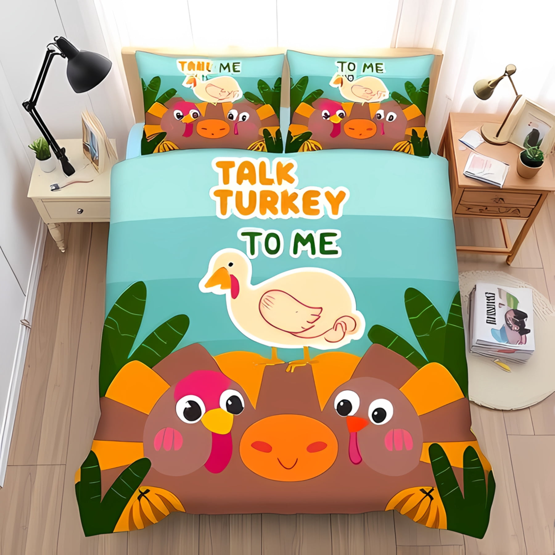 3-Piece Teal Turkey Duvet Cover Set with Whimsical " Talk Turkey To Me ...