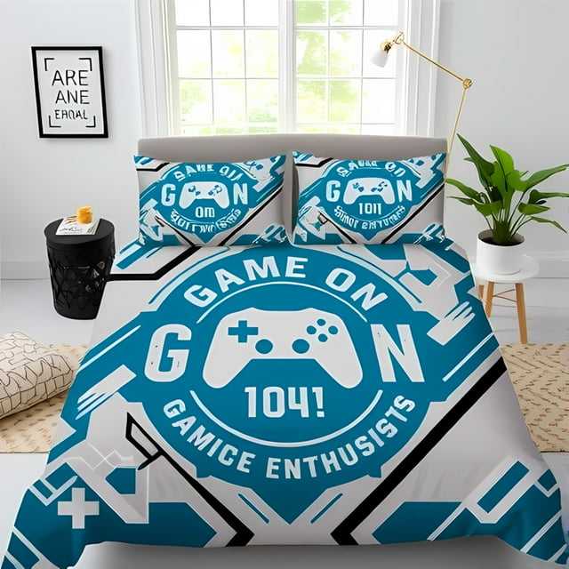 3-Piece Teal & White Gamer Duvet Cover Set with Controller Design ...