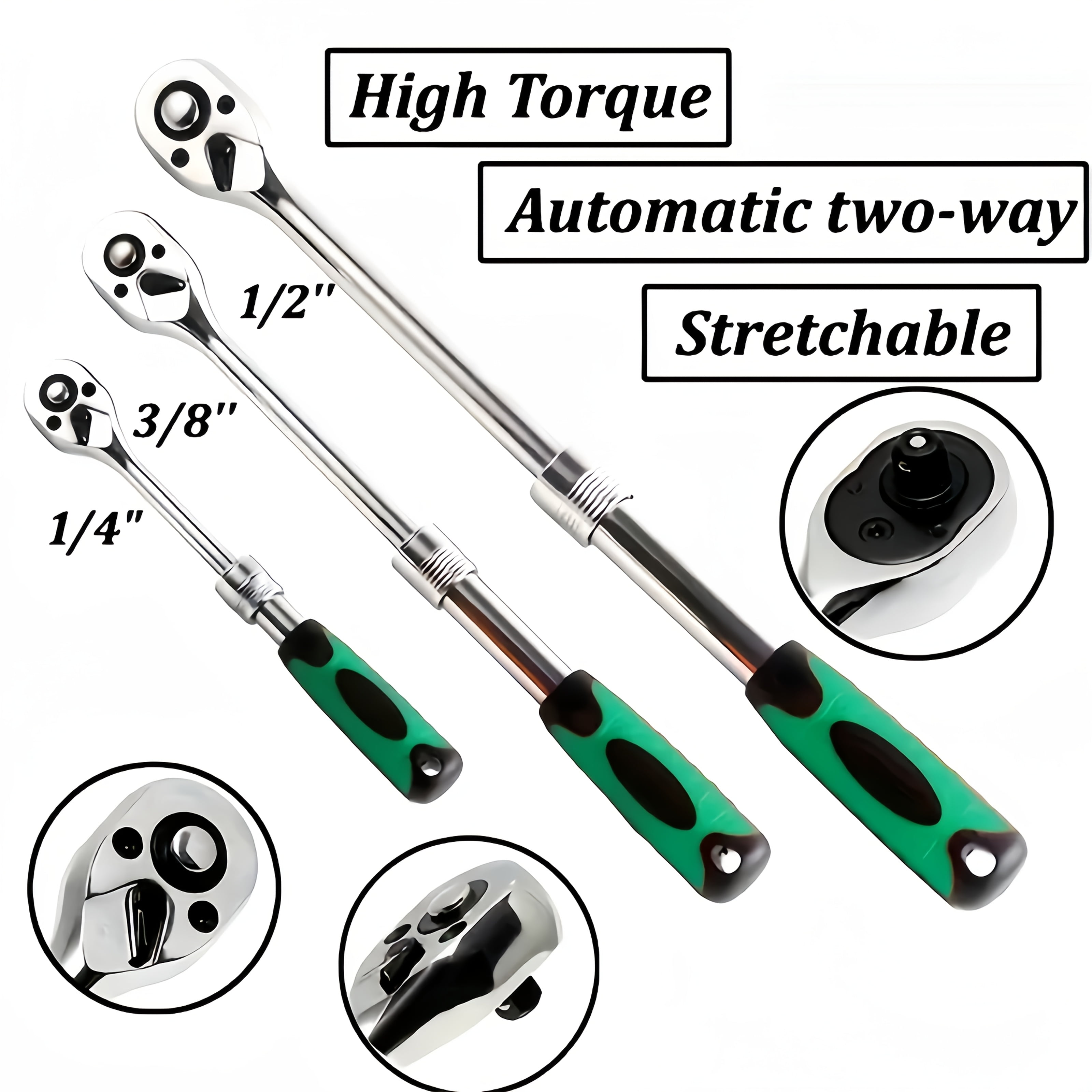 3-Piece Telescopic Ratchet Wrench Set: 1/4", 3/8", 1/2" Drive! 72-Tooth ...