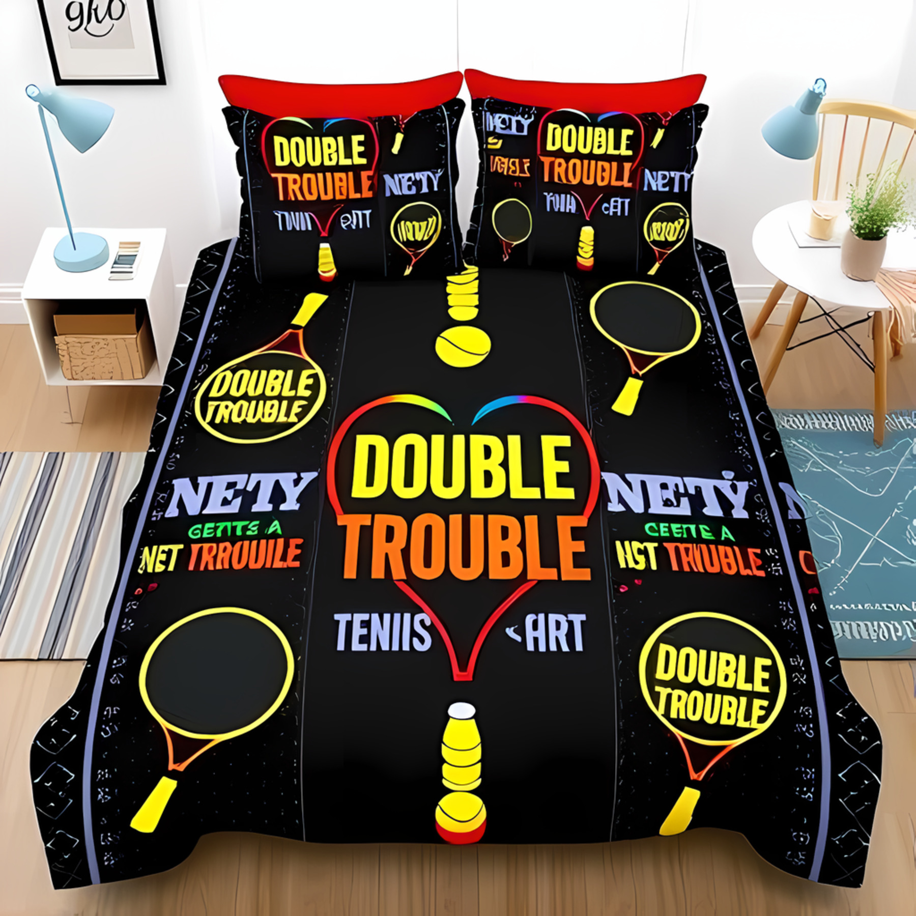 3-Piece Tennis Themed Duvet Cover Set - " DOUBLE TROUBLE " Bold Black ...