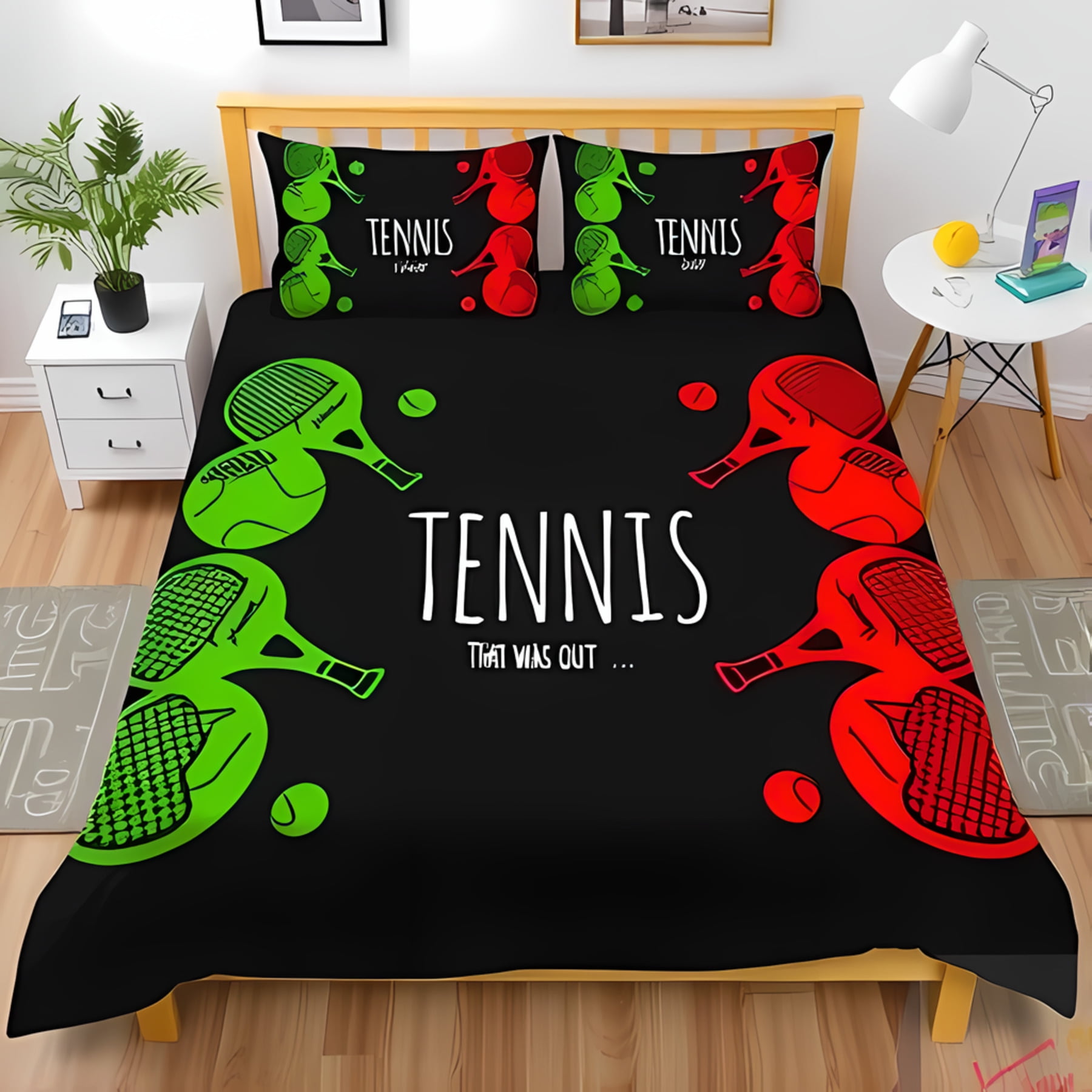 3-Piece Tennis Themed Duvet Cover Set - Vibrant Red & Green Rackets ...