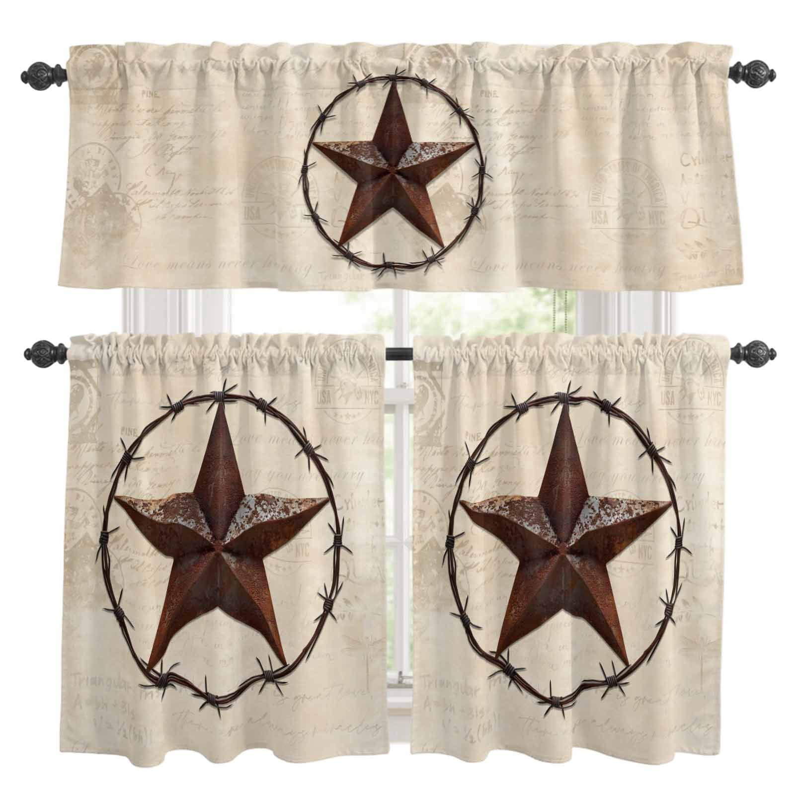 3 Piece Texas Star Kitchen Curtain Valance and Tiers Set Country Star ...
