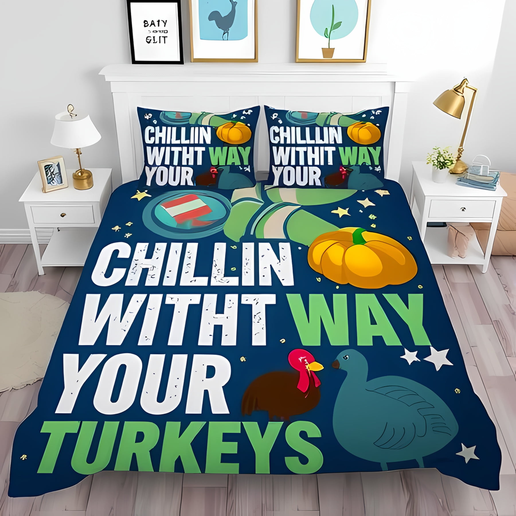 3-Piece Thanksgiving Bedding Set - Navy Blue Duvet Cover & Pillowcases ...