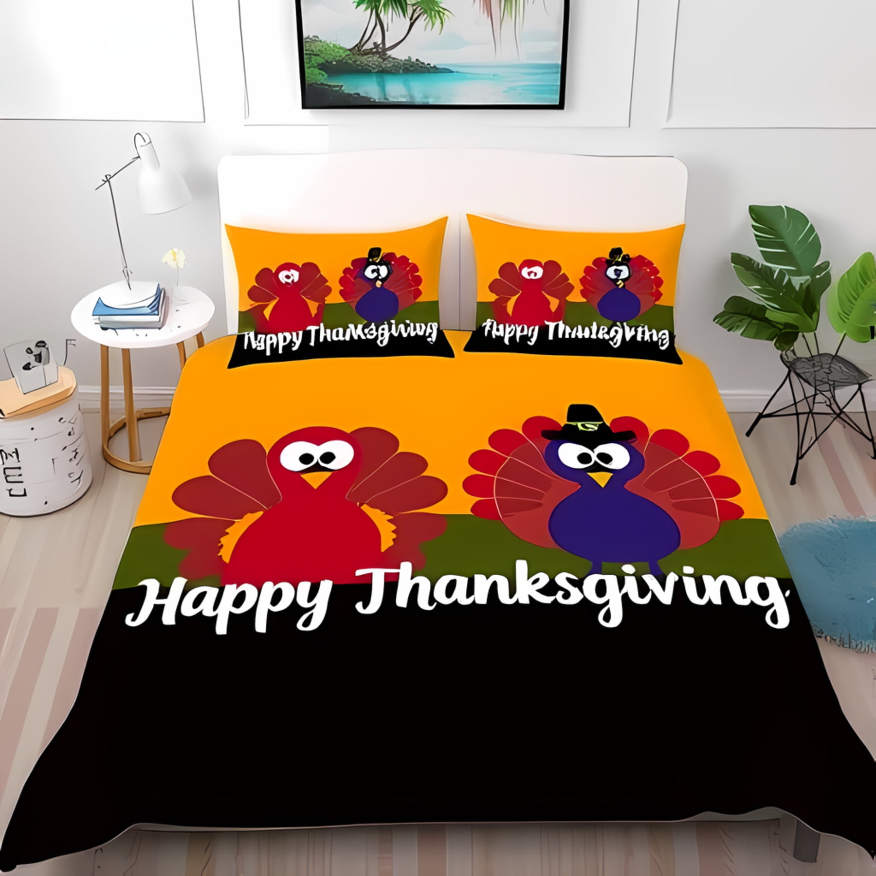 3-Piece Thanksgiving Duvet Cover Set with Cartoon Turkeys Bright Orange ...