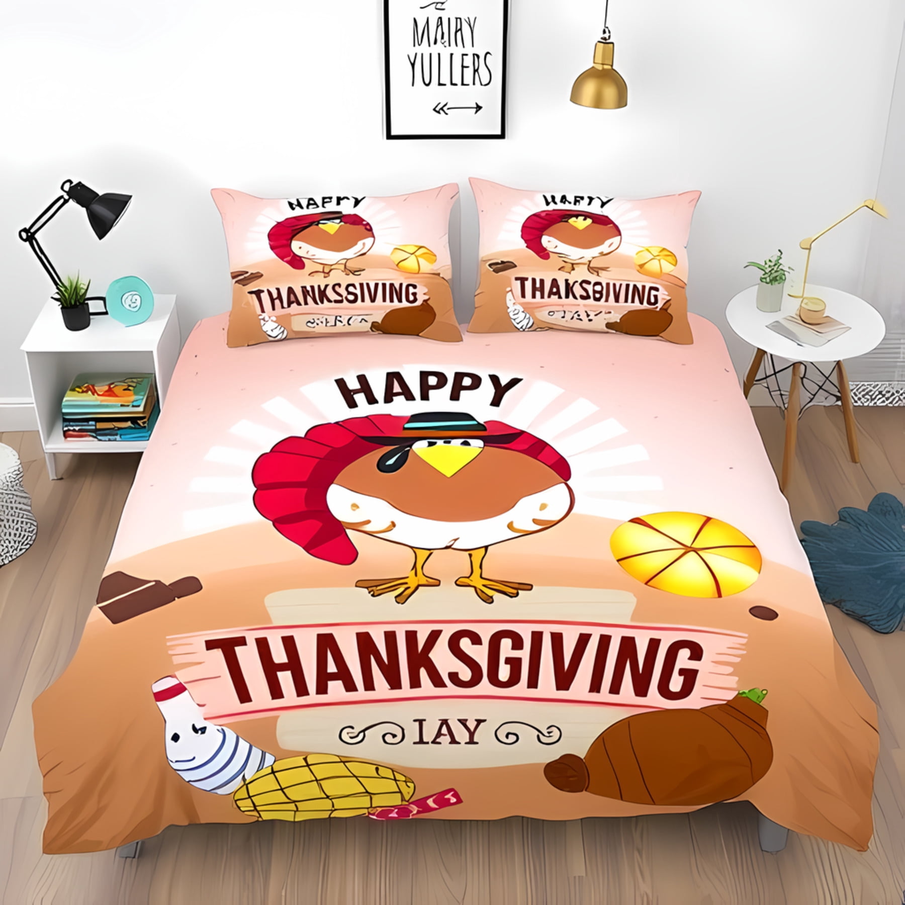 3-Piece Thanksgiving Duvet Cover Set - Cheerful Cartoon Turkey ...