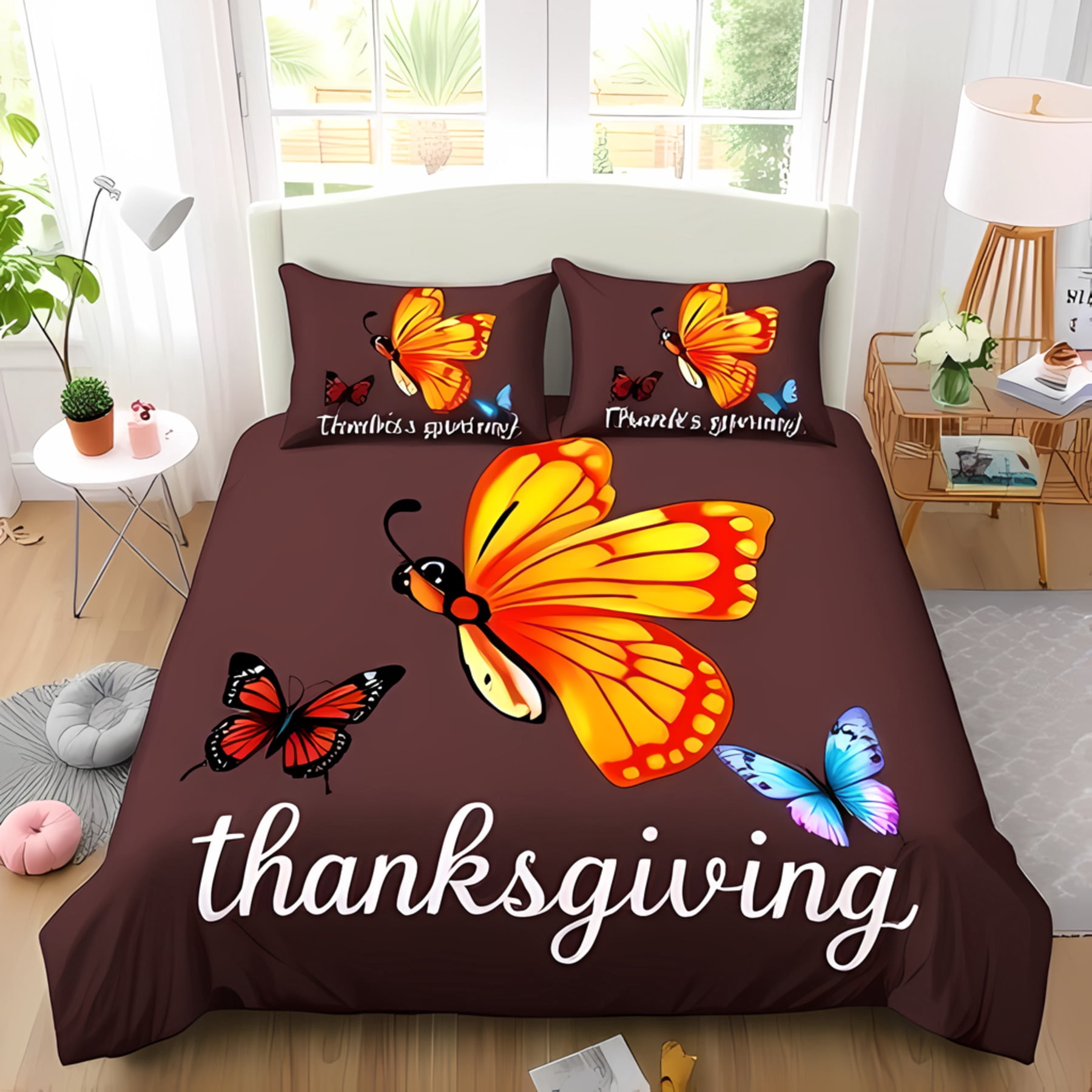 3-Piece Thanksgiving Duvet Cover Set - Dark Brown with Vibrant ...