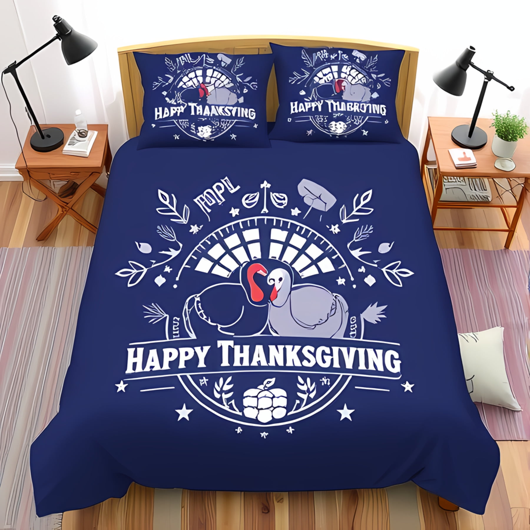 3-Piece Thanksgiving Duvet Cover Set - Navy Blue Comforter with Festive ...