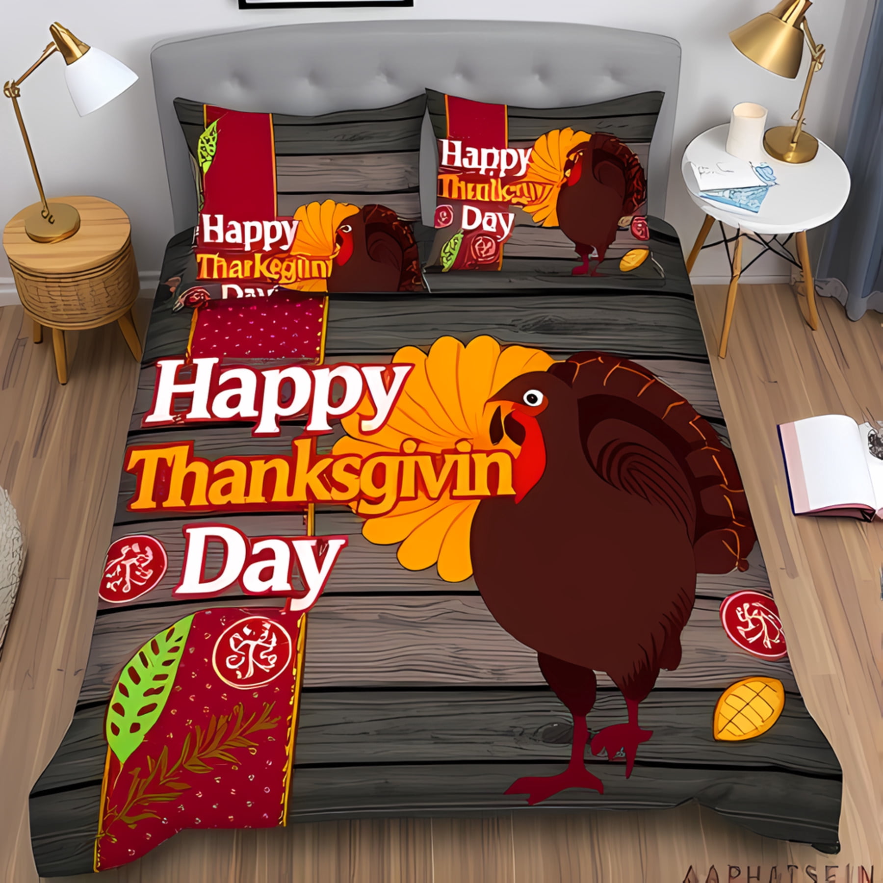 3-Piece Thanksgiving Duvet Cover Set - Rustic Wood Grain with Cheerful ...