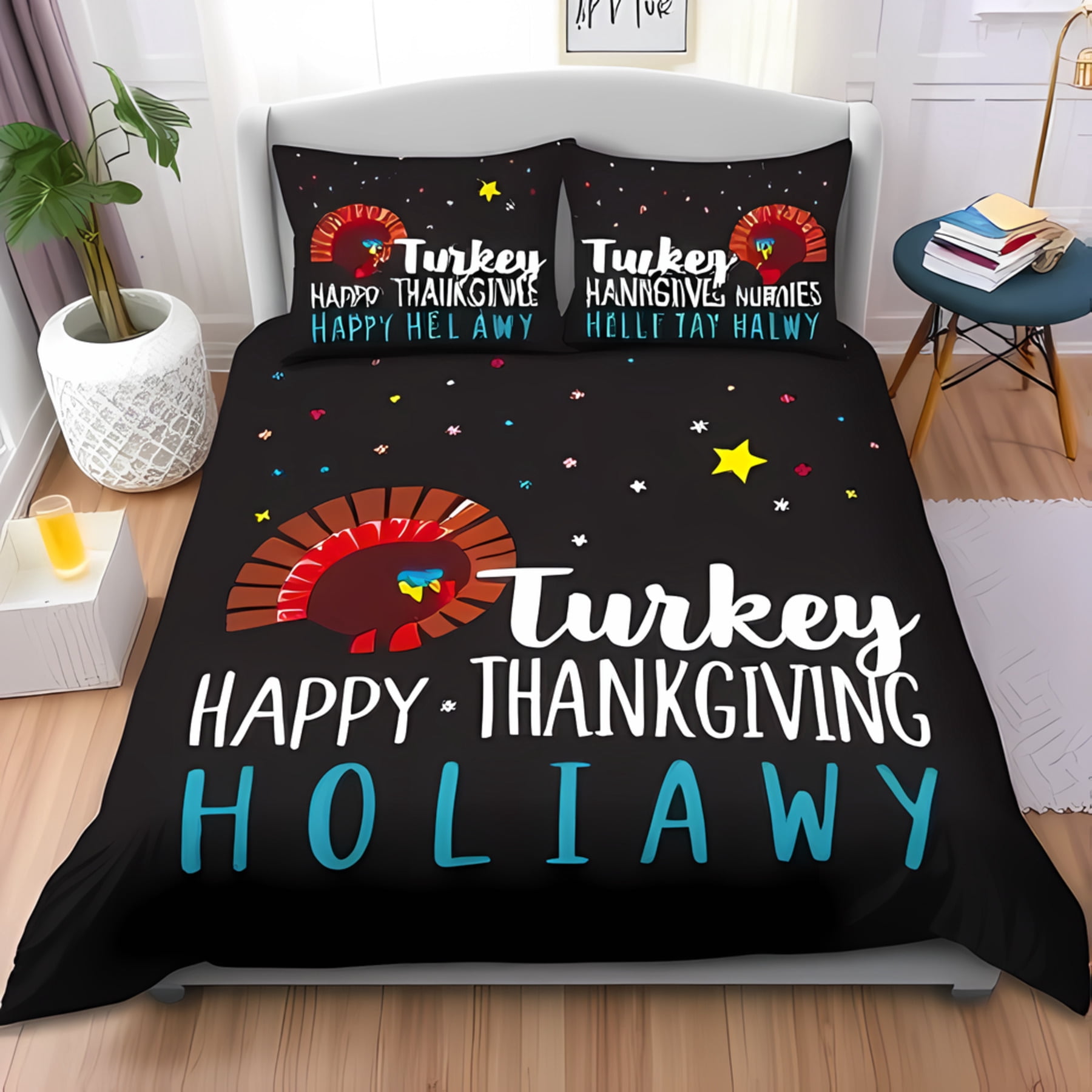 3-Piece Thanksgiving Duvet Cover Set - Whimsical Turkey & Colorful Text ...