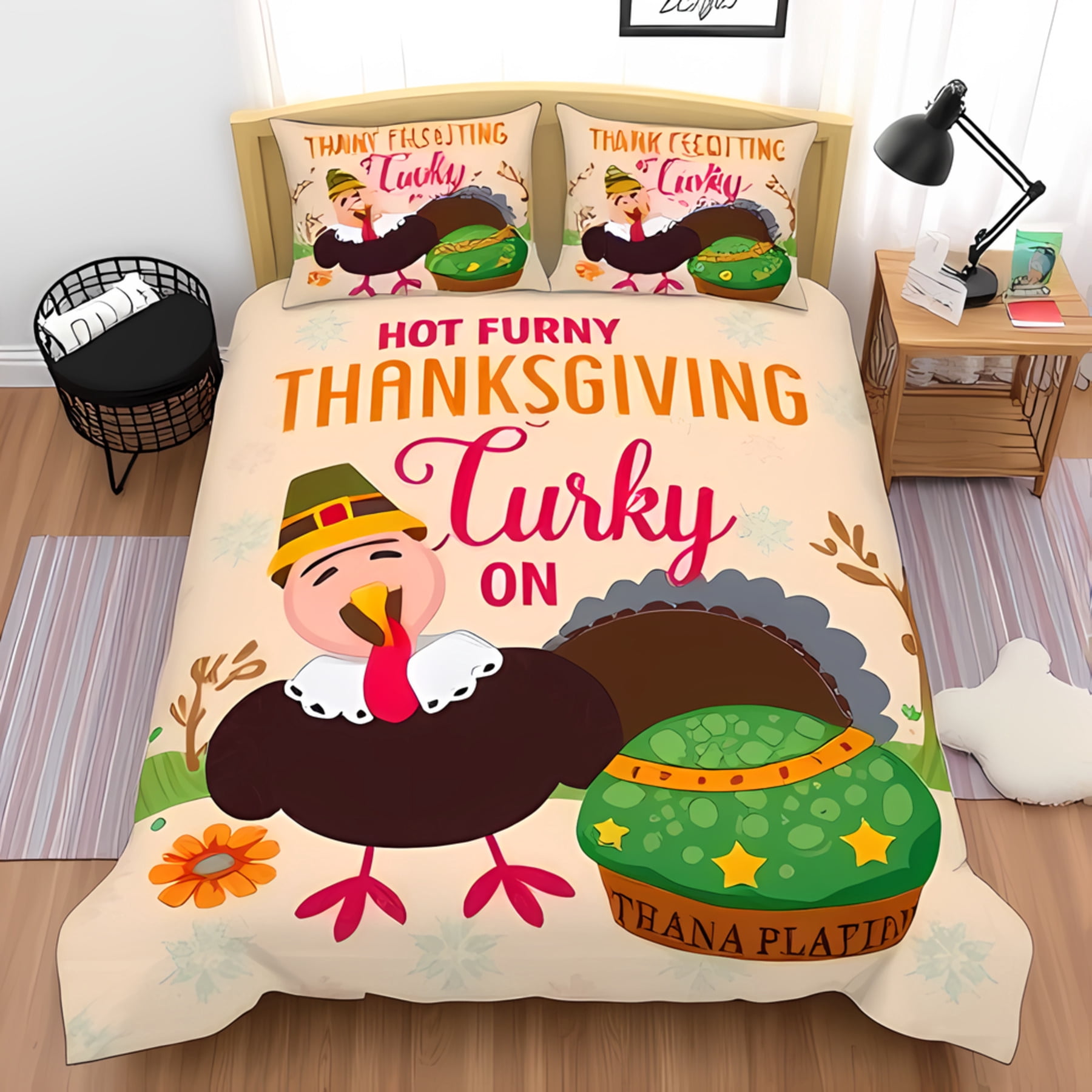 3-Piece Thanksgiving Duvet Cover Set with Adorable Cartoon Turkey ...