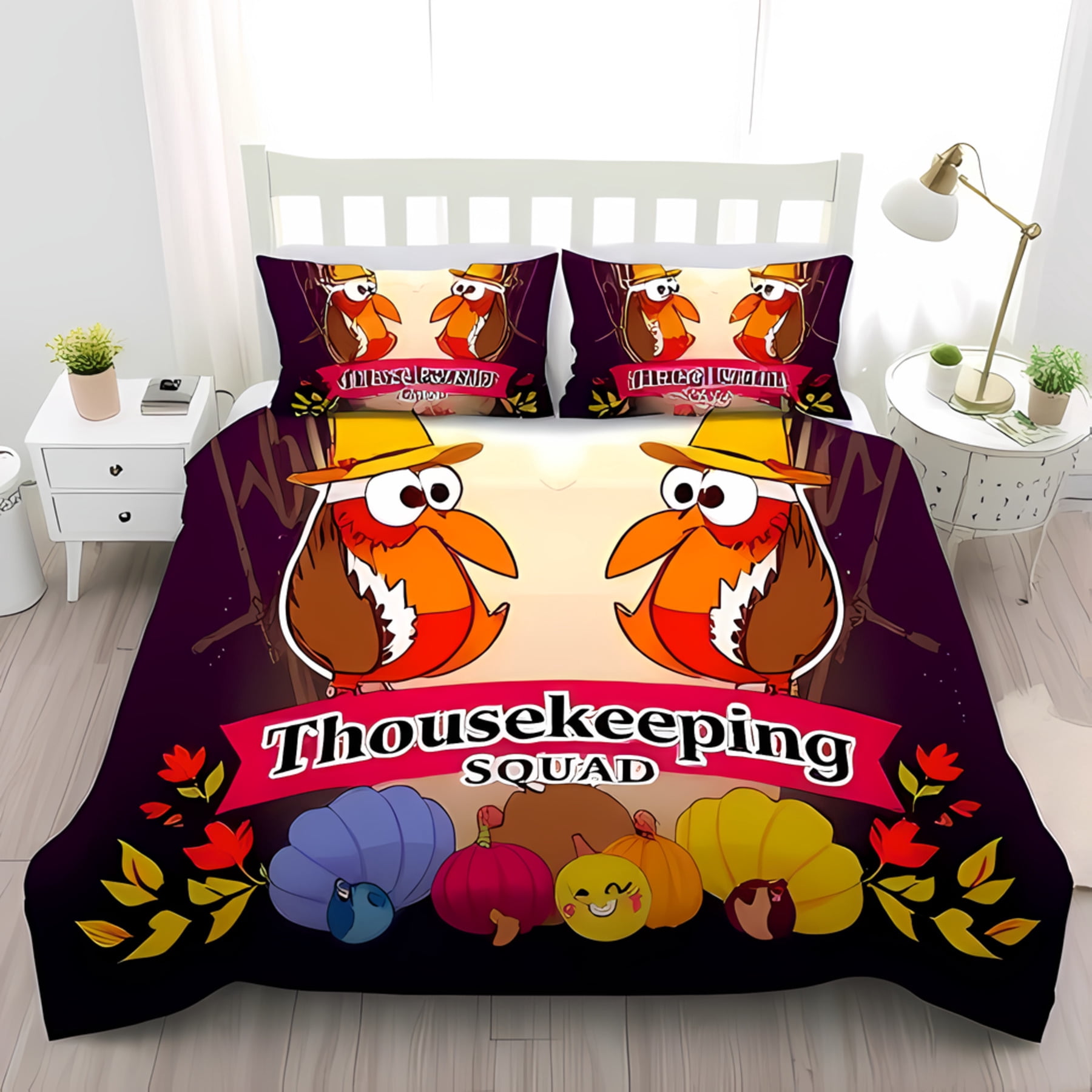 3-Piece Thanksgiving Duvet Cover Set with Cartoon Owls in Pilgrim Hats ...