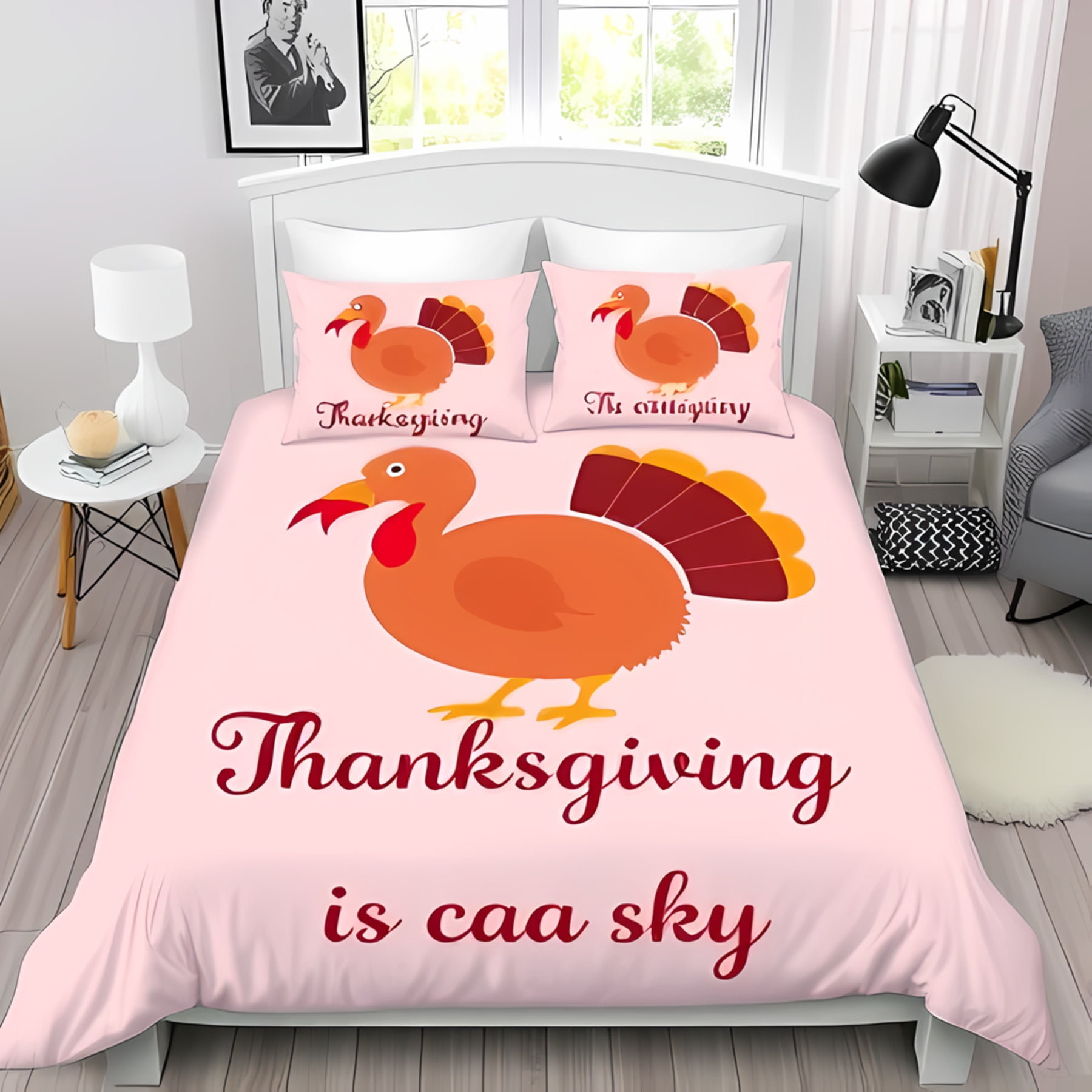 3-Piece Thanksgiving Duvet Cover Set with Cute Cartoon Turkey Design ...