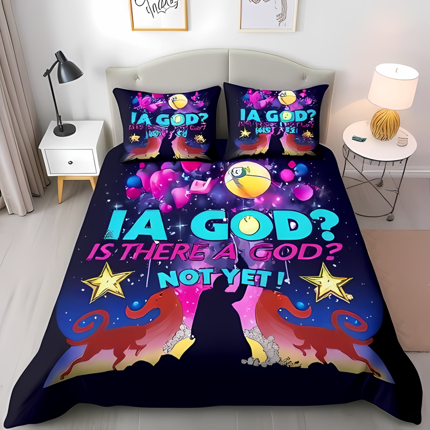 3-Piece Themed Duvet Cover Set - Whimsical Design with " IA GOD? IS ...
