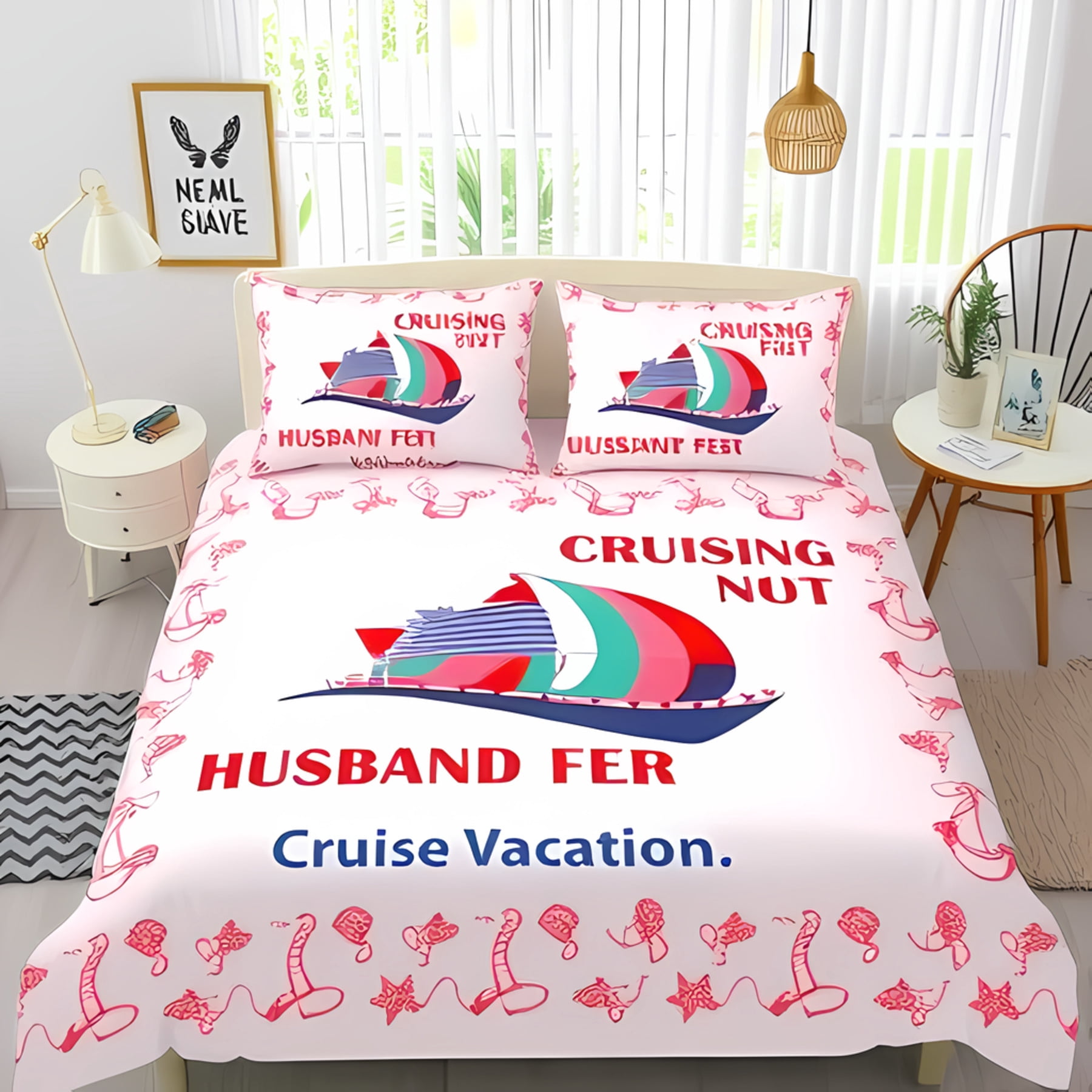 3-Piece Themed Duvet Cover Set - White with Red & Blue Cruise Ship ...