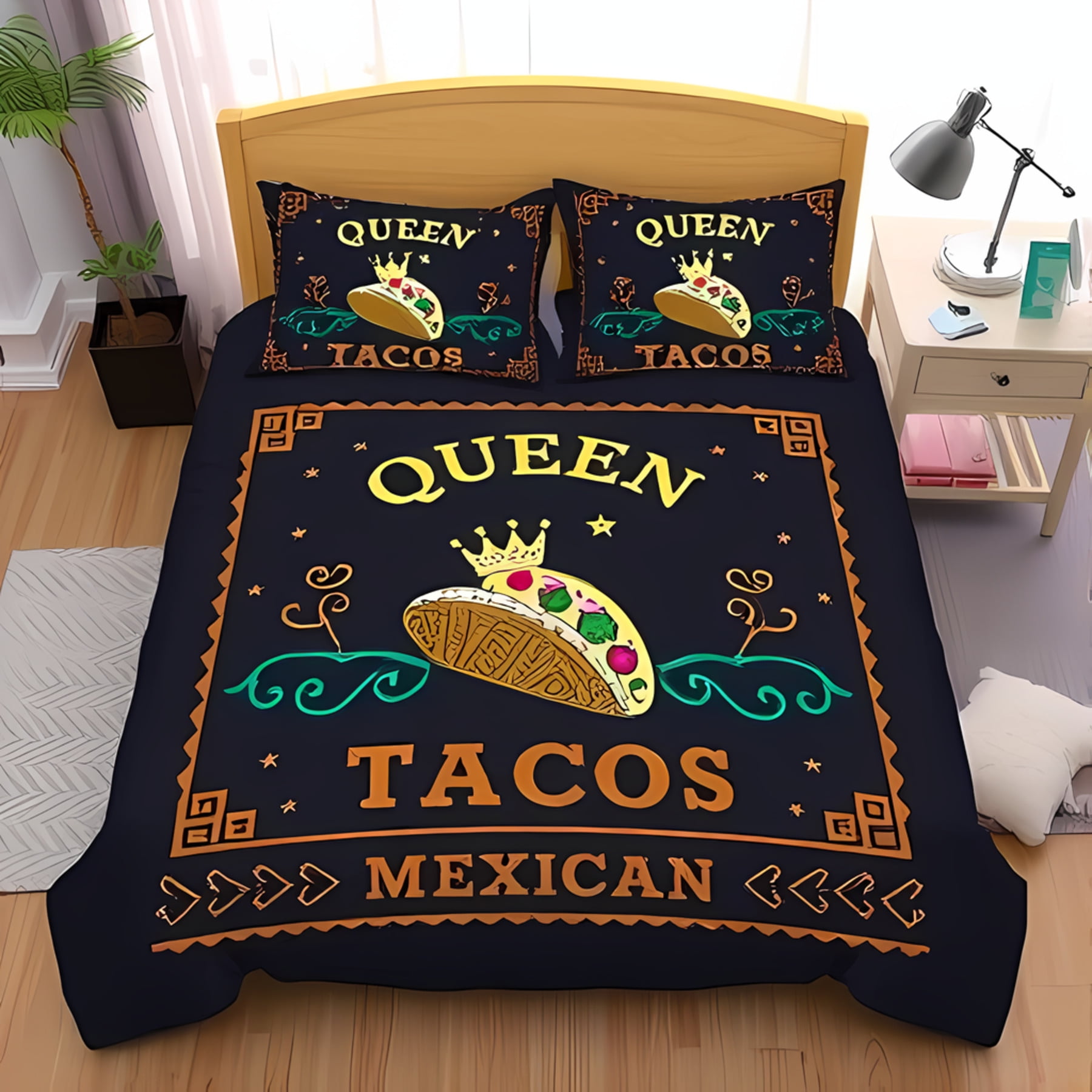 3-Piece Themed Duvet Cover Set with Colorful Graphics & " QUEEN TACOS ...