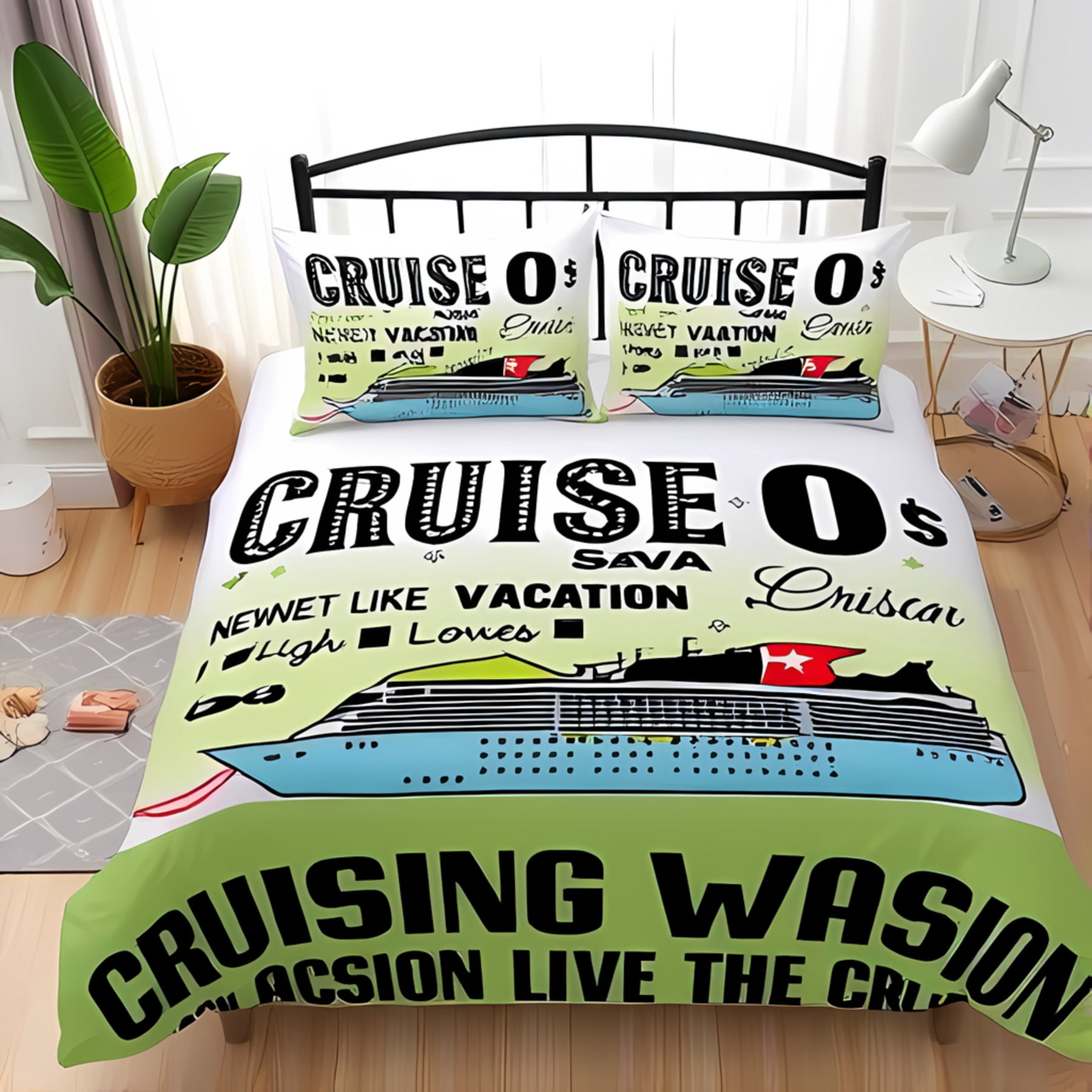 3-Piece Themed Duvet Cover Set with Cruise Ship Graphics & Cheerful ...