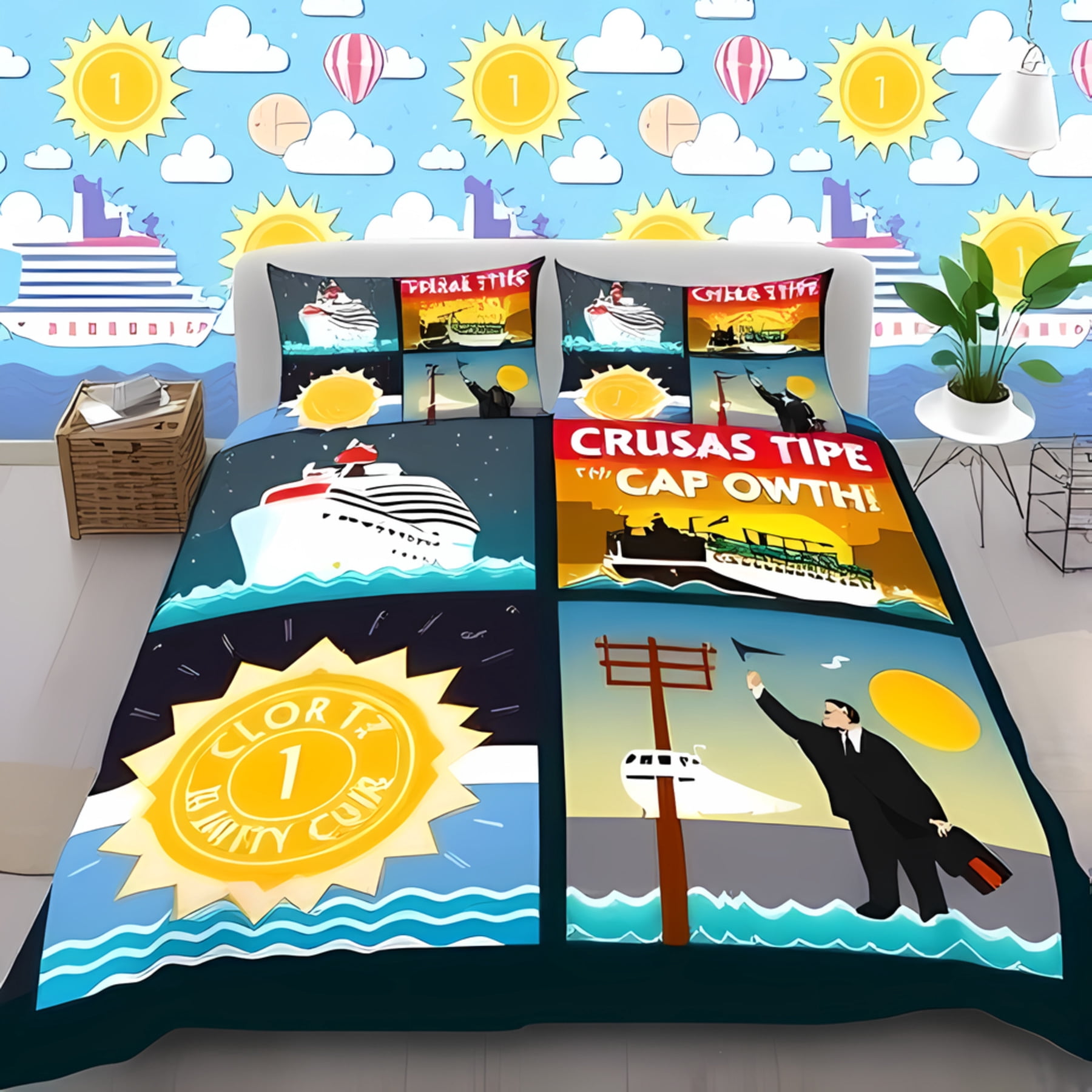 3-Piece Themed Duvet Cover Set with Cruise Ships & Sun Bright Blue ...