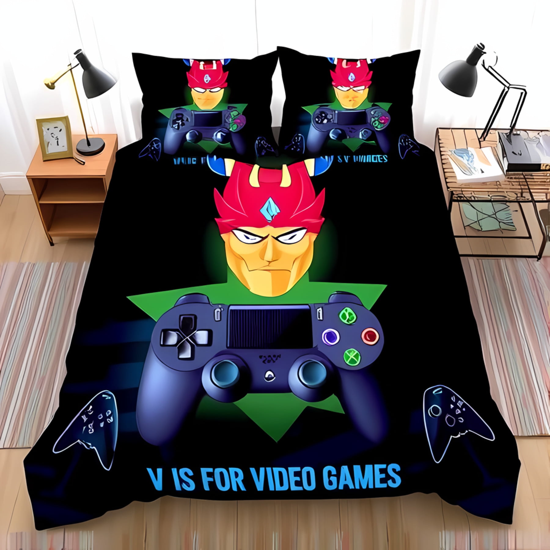 3-Piece Themed Duvet Cover Set with Green Star & Gaming Controllers Fun ...