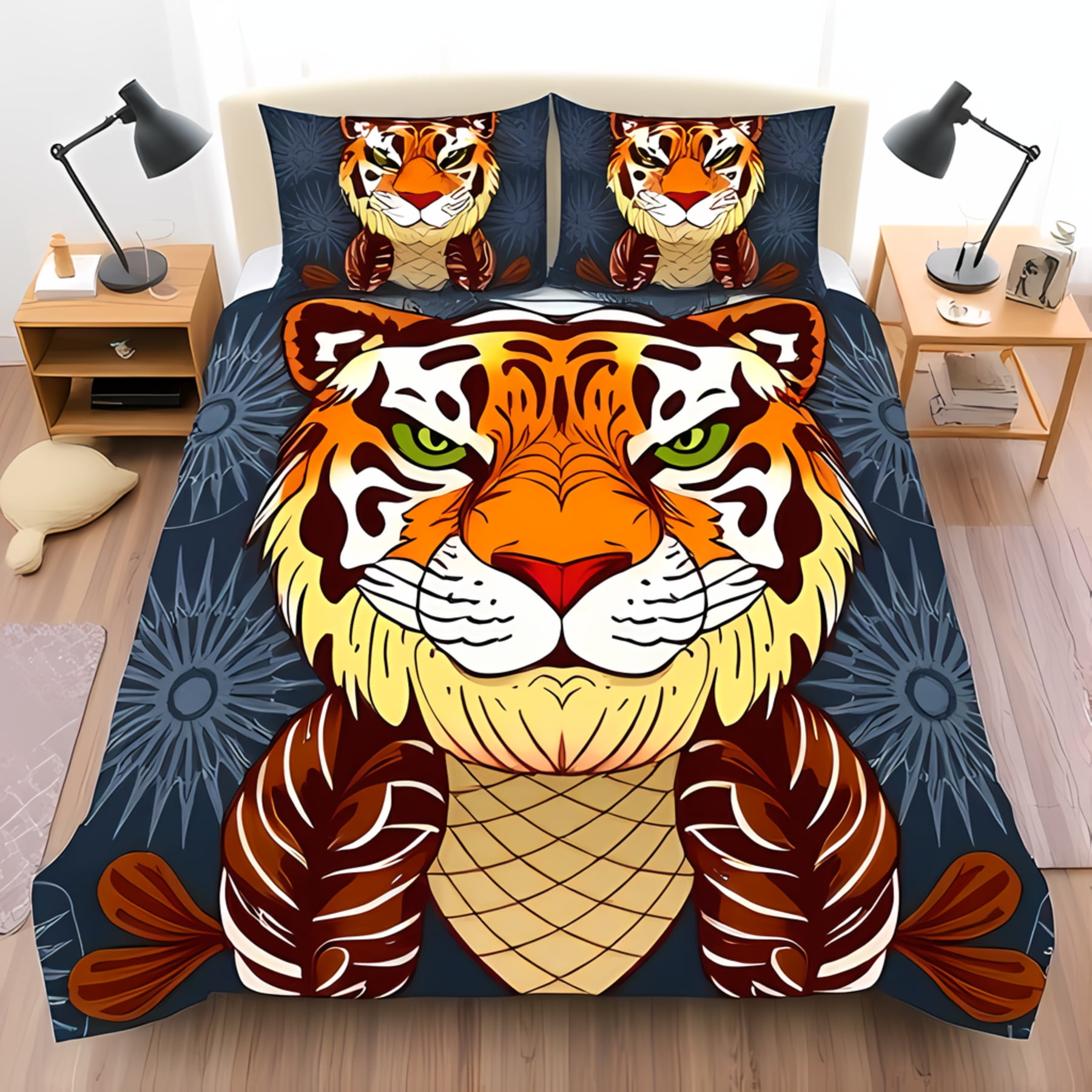 3-Piece Tiger Duvet Cover Set - Japanese Woodblock Print Style Navy ...