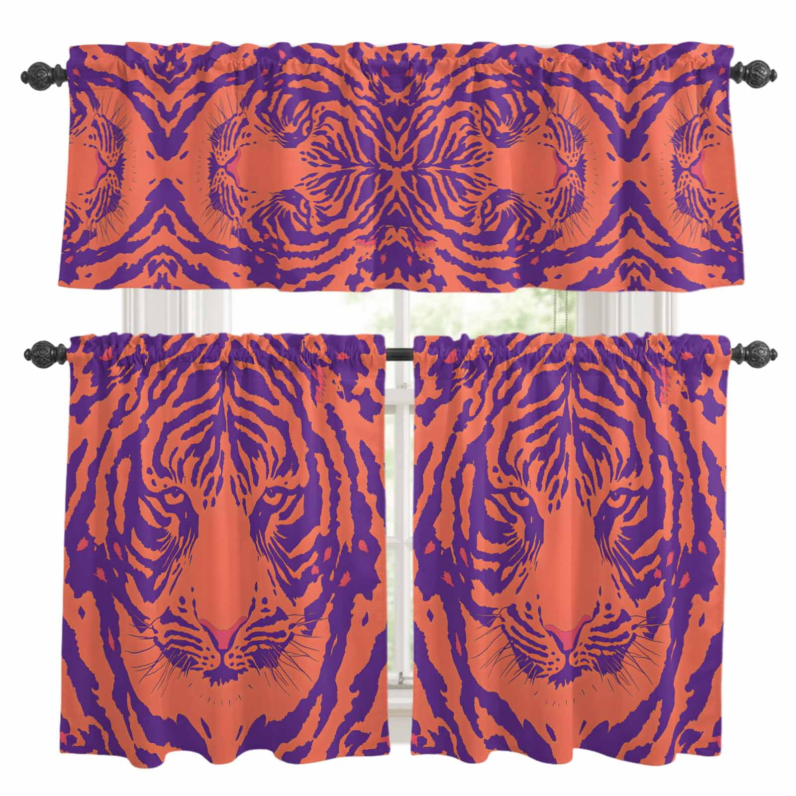 3 Piece Tiger Kitchen Curtain Valance and Tiers Set Abstract Modern Rod ...