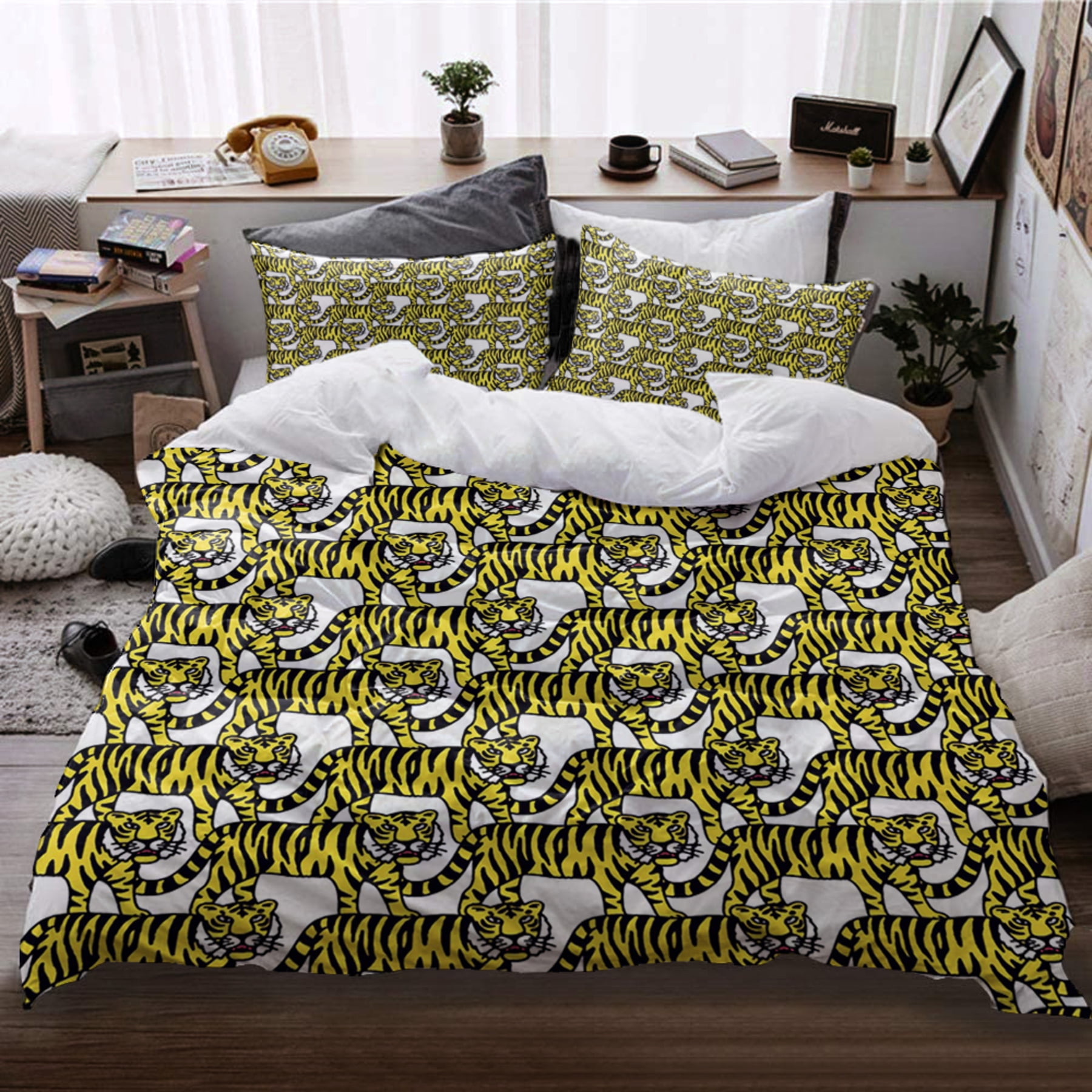 3-Piece Tiger Print Duvet Cover Set - Playful Yellow & Black Cartoon ...