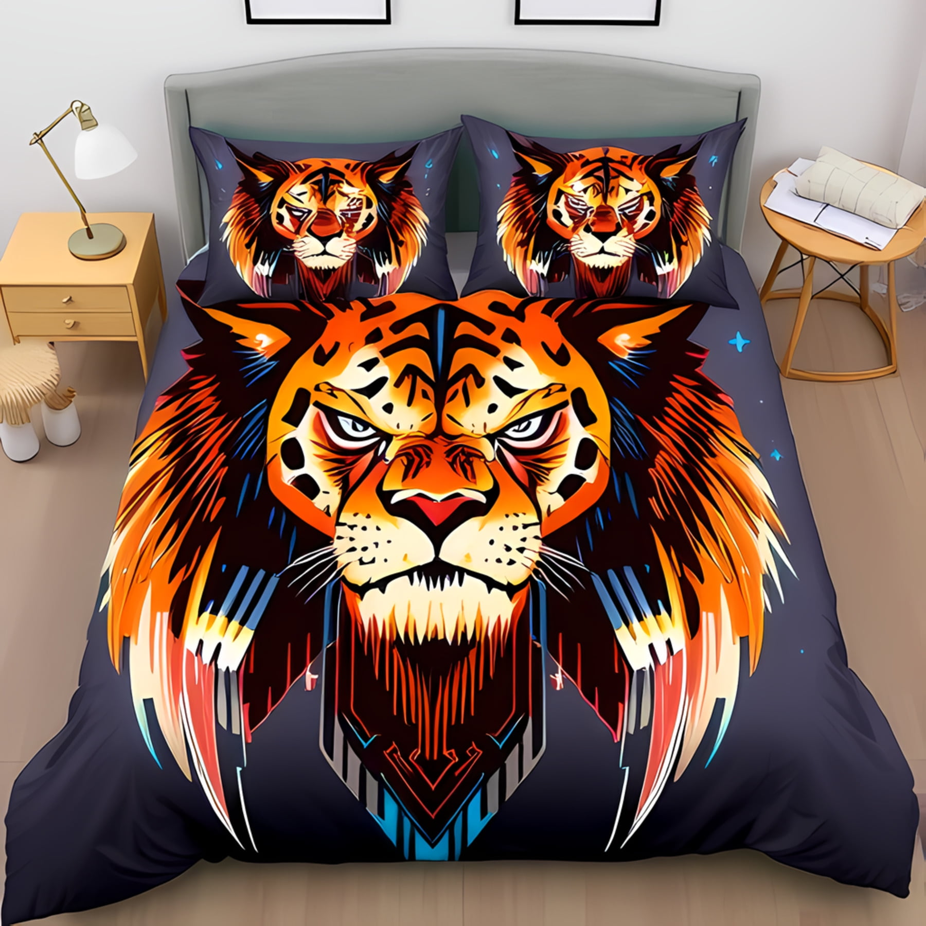 3-Piece Tiger-Themed Duvet Cover Set with Colorful Tiger Head Design ...