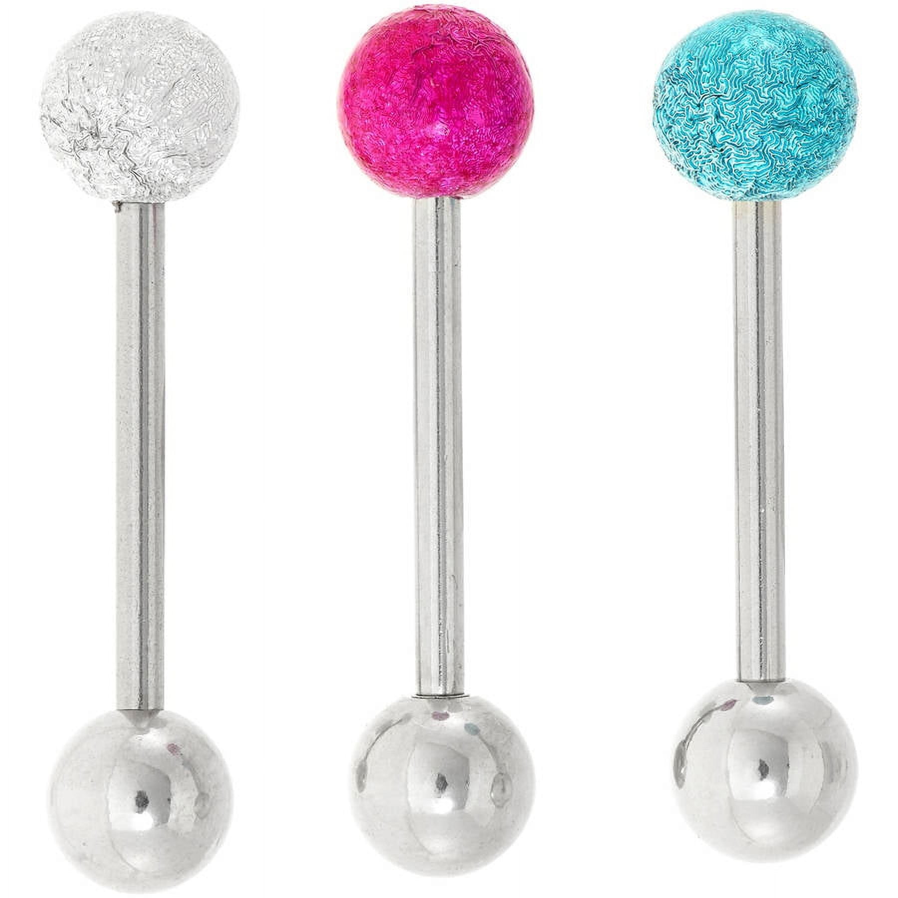 3-Piece Tongue Ring Sandblasted Glitter Top with Steel Bead Bottom Ball ...
