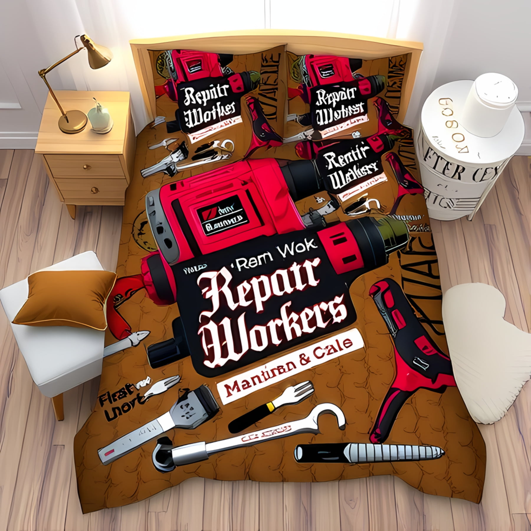 3-Piece Tool Themed Duvet Cover Set with Red Power & Vintage 'Repair ...