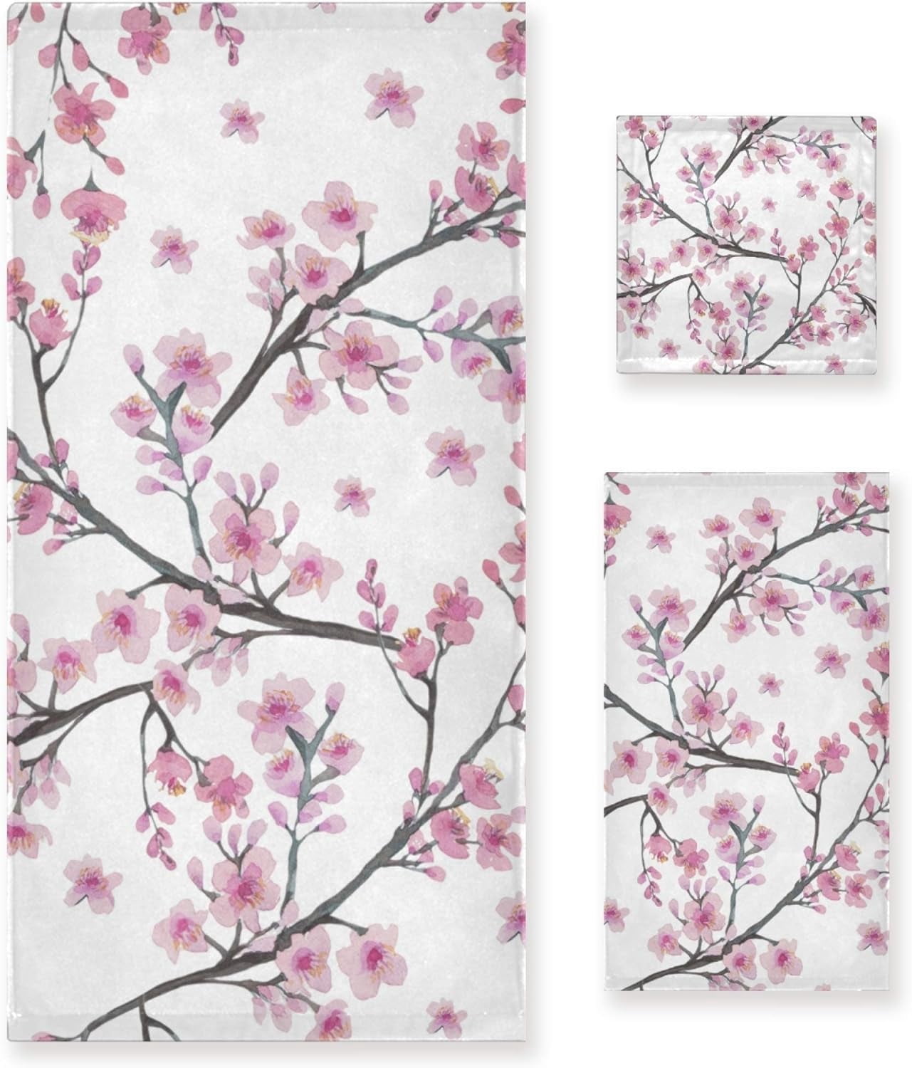 3-Piece Towel Set,Pink Cherry Blossom Bath Towel Sets, 1 Bath Towel, 1 ...