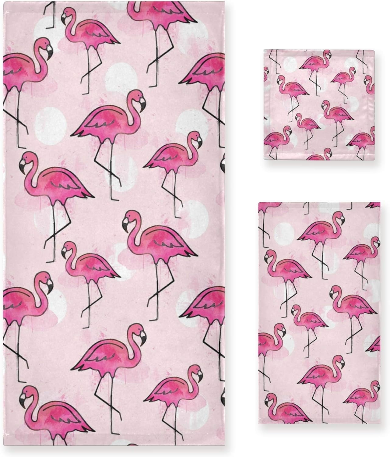 3-Piece Towel Set, Pink Flamingo Polka Dot Bath Towel Sets, 1 Bath Towel, 1 Hand Towel, 1 ...