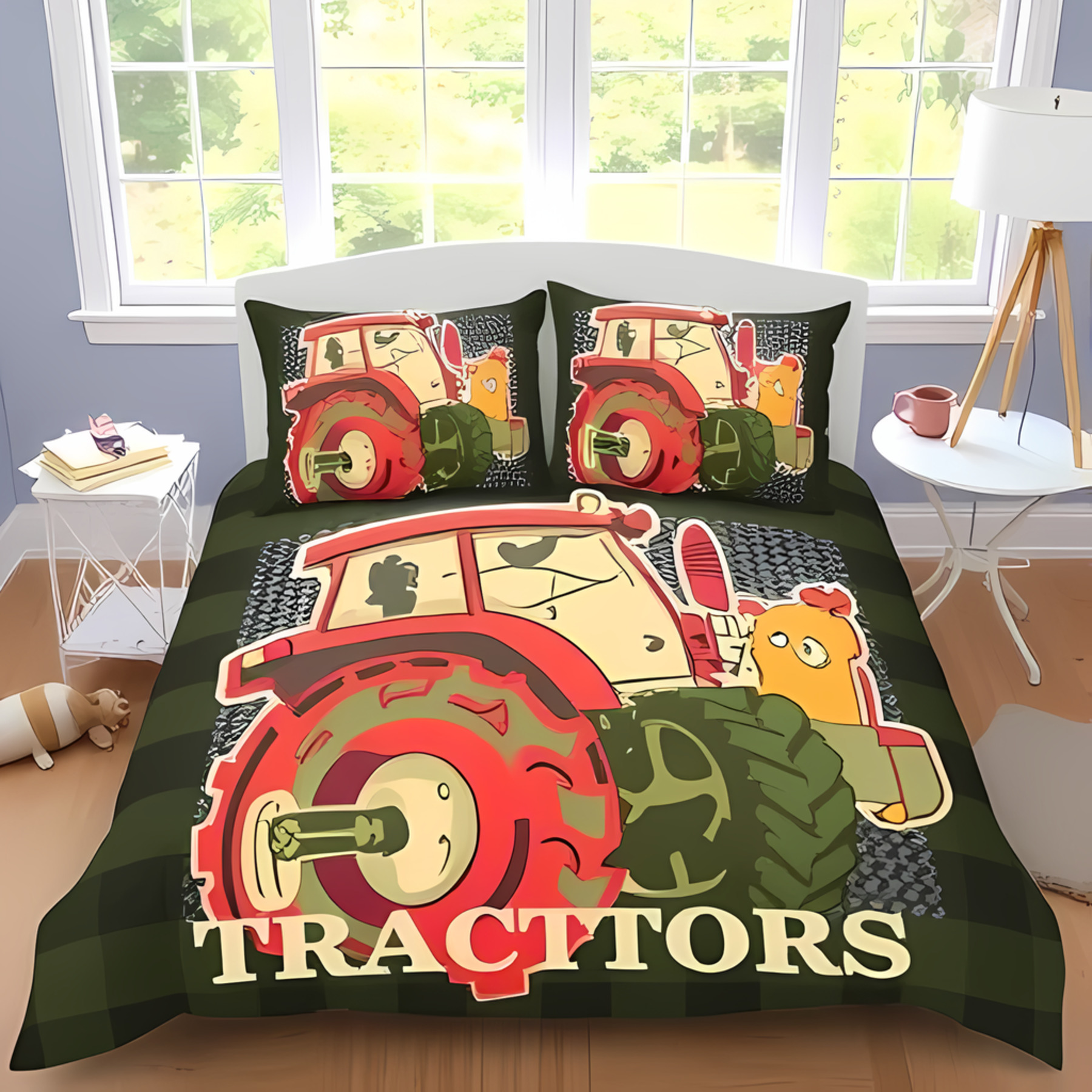 3-Piece Tractor Duvet Cover Set Fun Red Tractor Design with Green ...