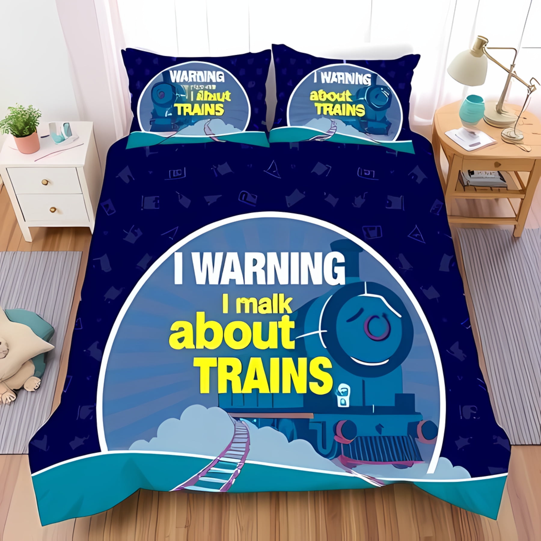 3-Piece Train Themed Duvet Cover Set - Vibrant Navy Blue Bedding Fun ...