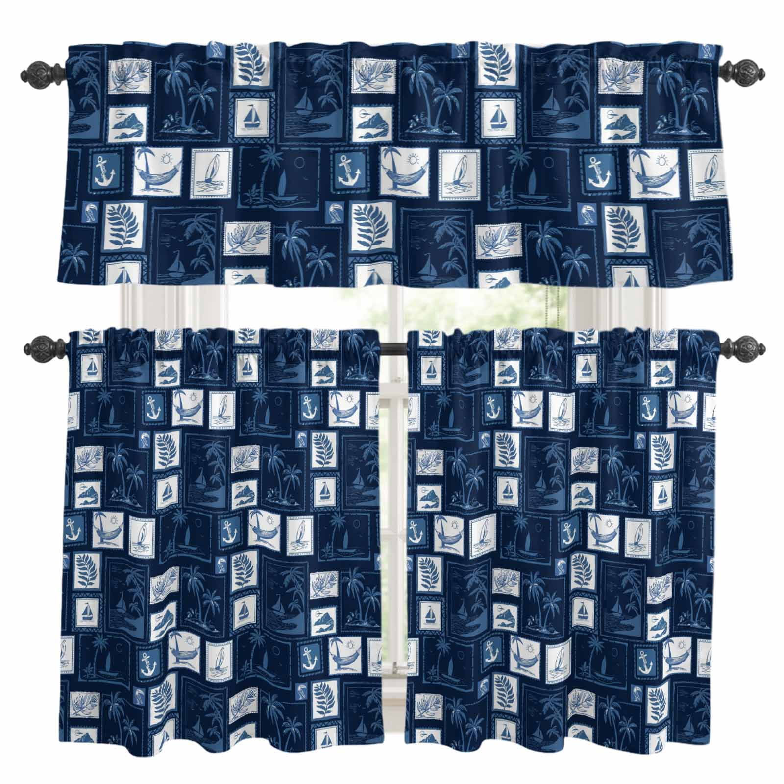 3 Piece Tropical Beach Kitchen Curtain Valance and Tiers Set Summer ...