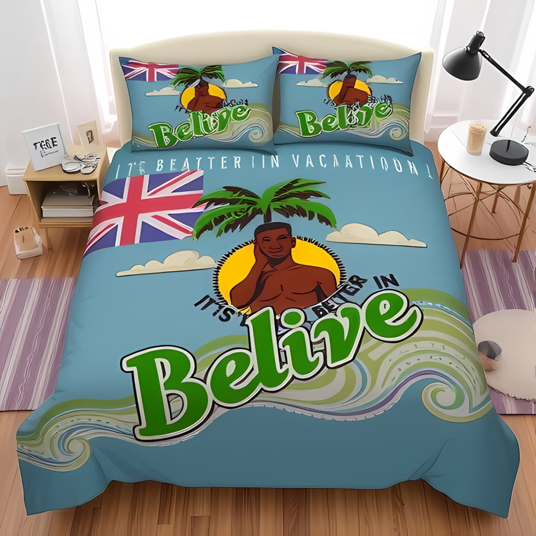 3-Piece Tropical Duvet Cover Set - Vibrant Blue with Trees & Sun ...