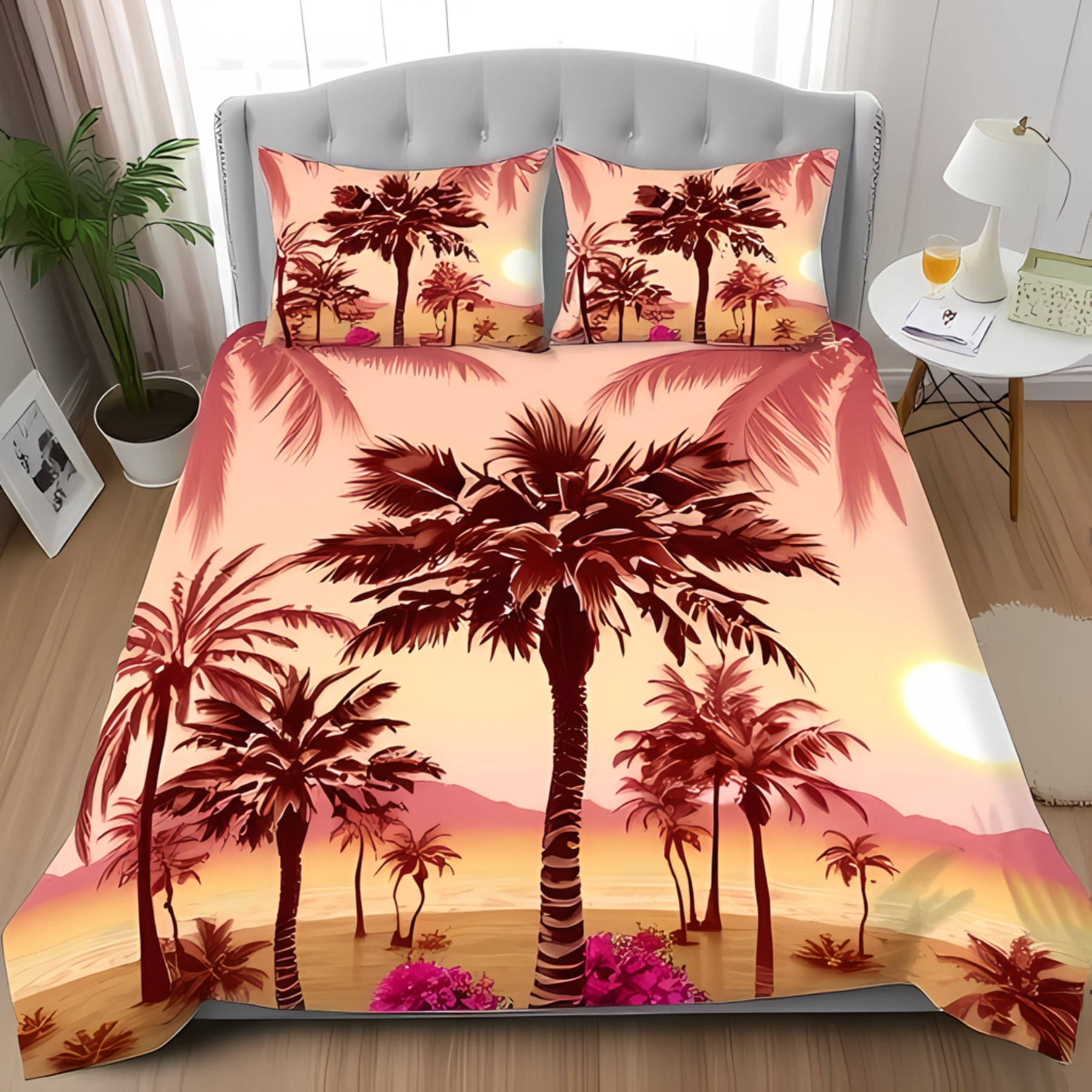 3-Piece Tropical Duvet Cover Set with Tree Design - Serene Sunset Bedding for a Beach Getaway ...