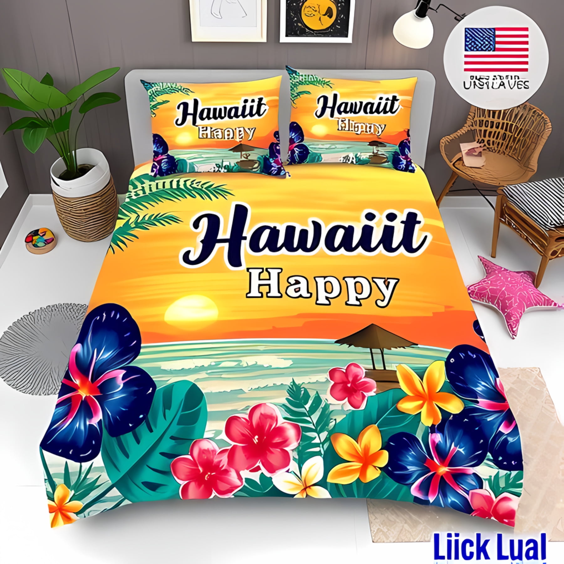 3-Piece Tropical Paradise Duvet Cover Set - "Hawaiit Happy" Leaves ...
