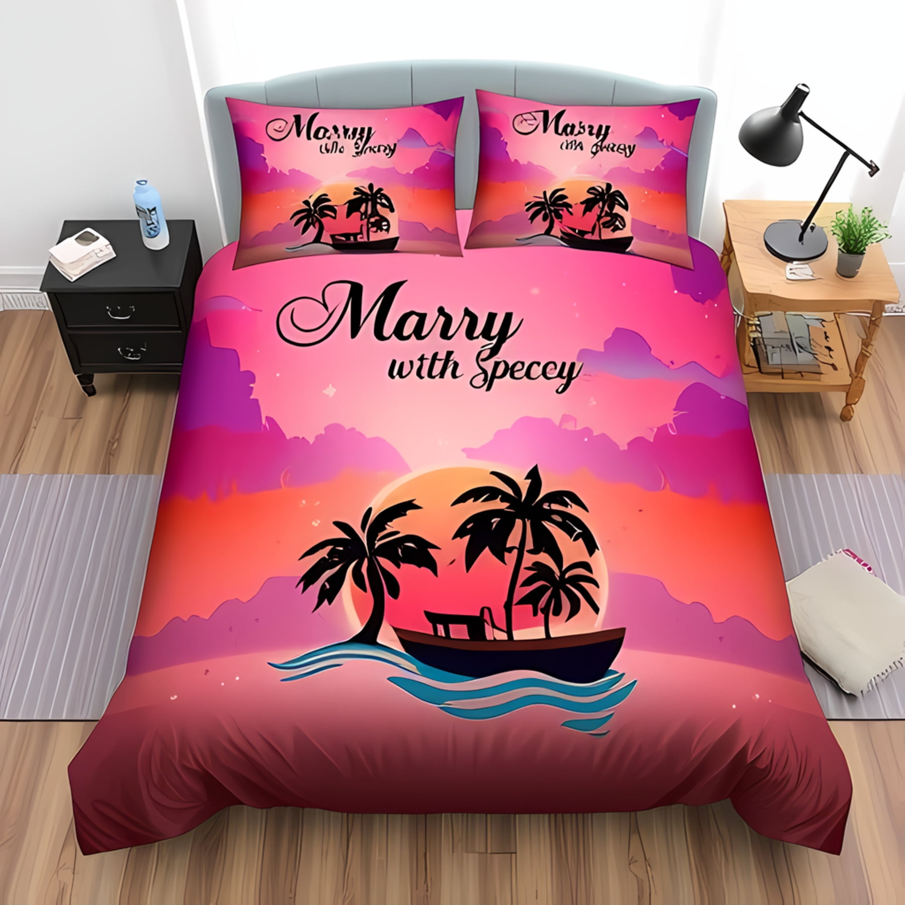 3-Piece Tropical Sunset Duvet Cover Set with Silhouetted Trees & Boat ...