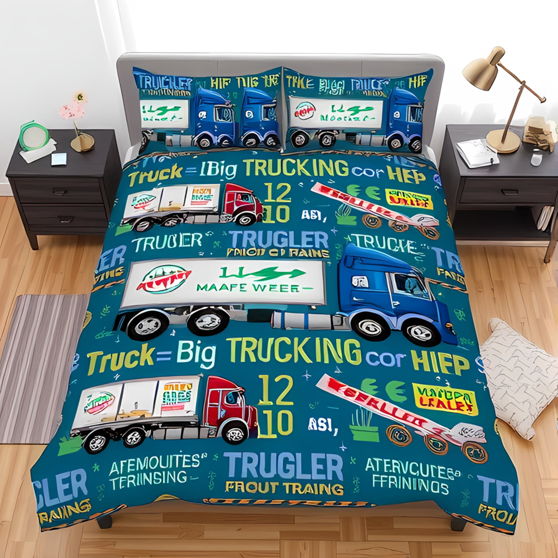 3-Piece Truck & Transportation Duvet Cover Set - Colorful Fun Design ...